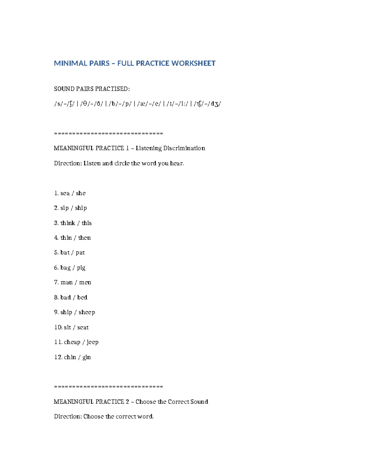 Minimal Pairs Practice Worksheet: Listening & Speaking Activities - Studocu