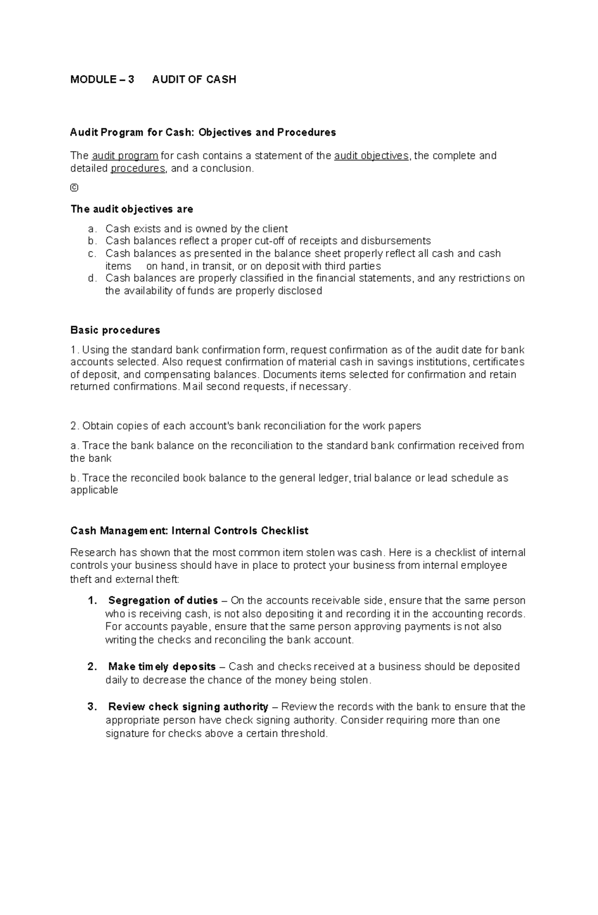 MODULE 3: AUDIT OF CASH - Comprehensive Audit Procedures and Controls ...