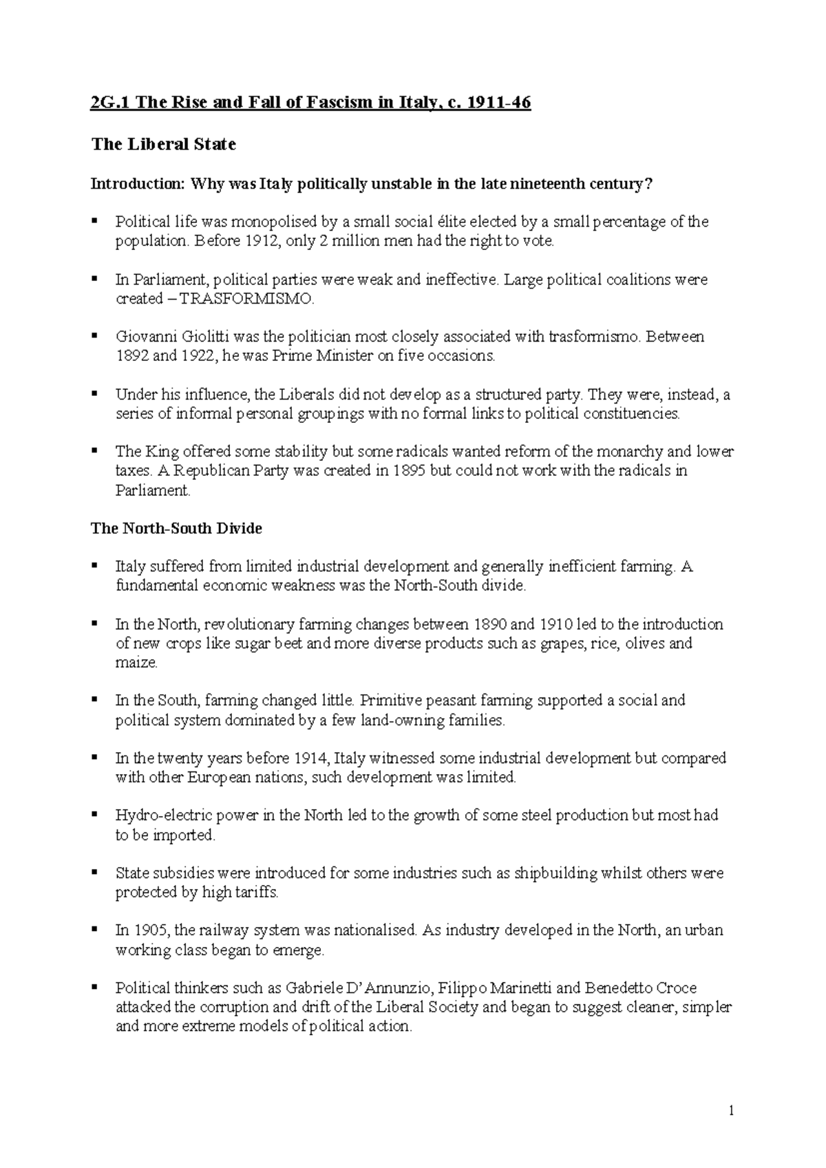 Revision Summary for Course Code HI101: The Rise and Fall of Fascism in ...