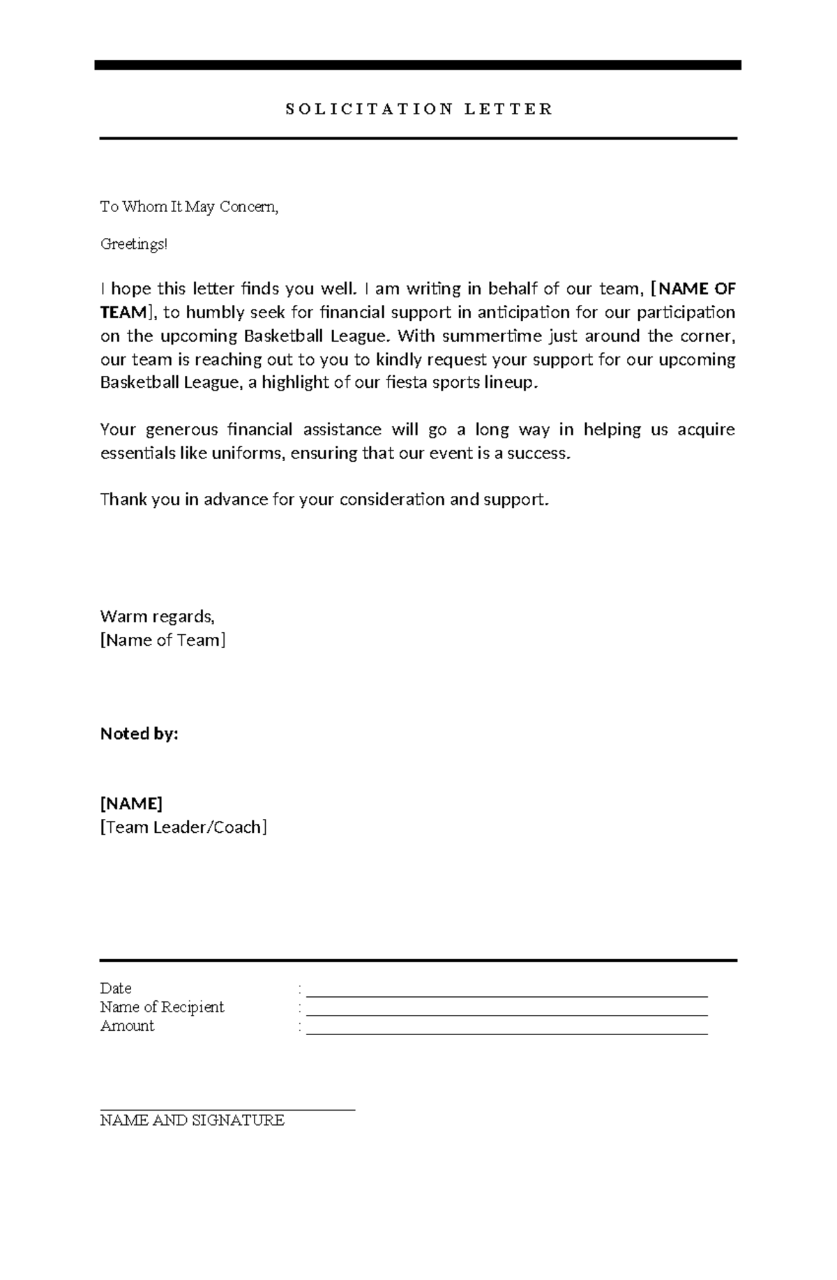 Basketball League Financial Support Solicitation Letter - Studocu