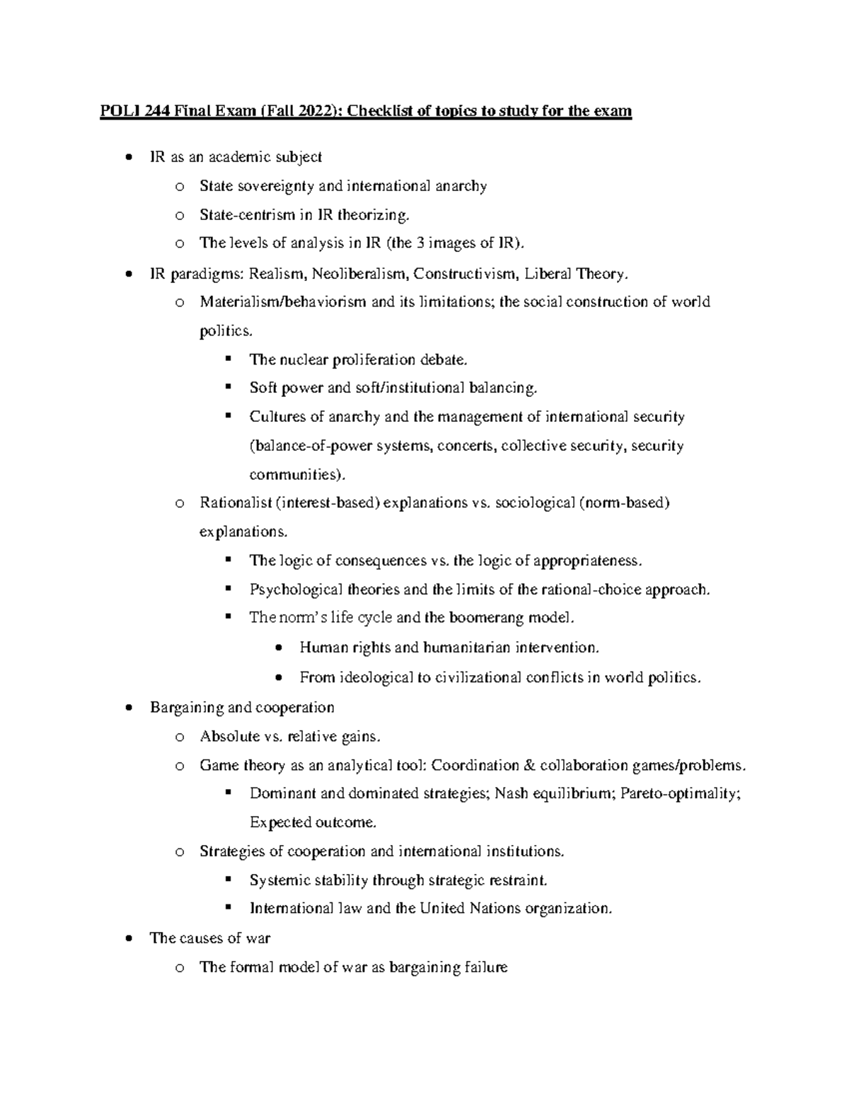 Poli 244 - Final Exam study guide (Fall 2022) - POLI 244 Final Exam (Fall 2022): Checklist of ...
