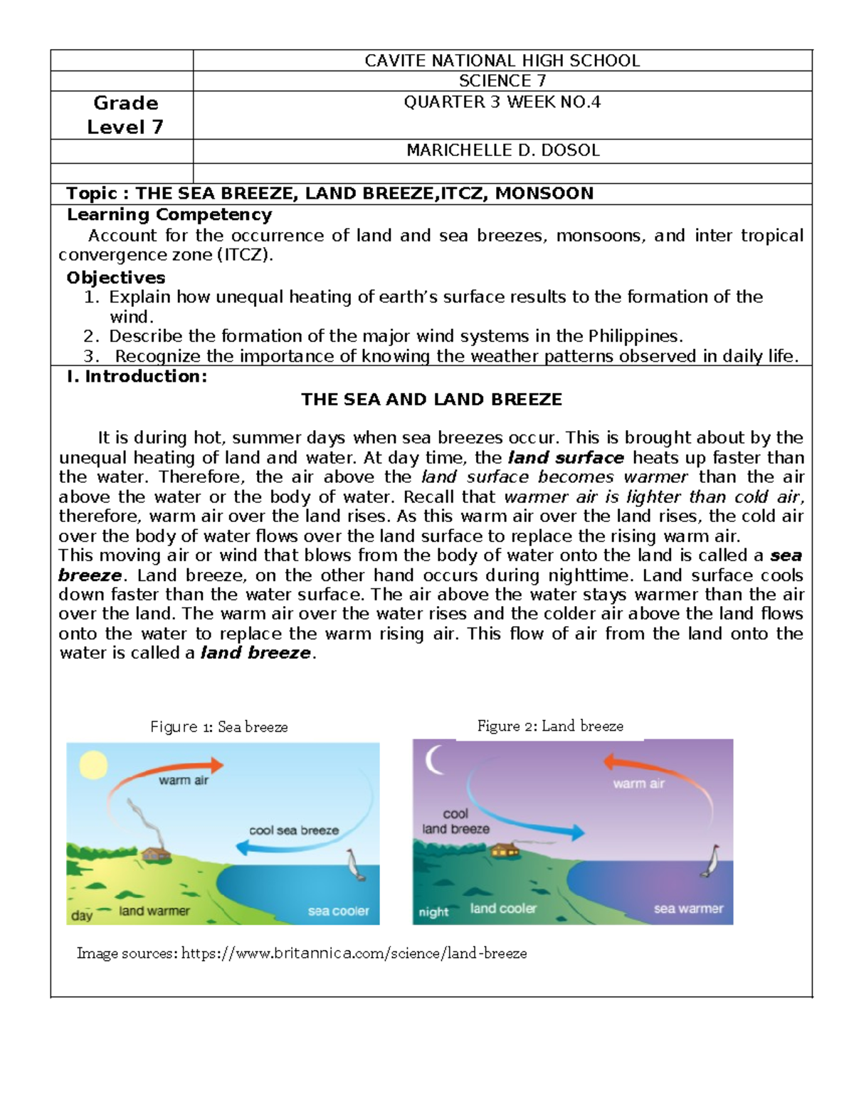Grade 7 Science 7 Week 4: Sea Breeze, Land Breeze, ITCZ & Monsoons ...
