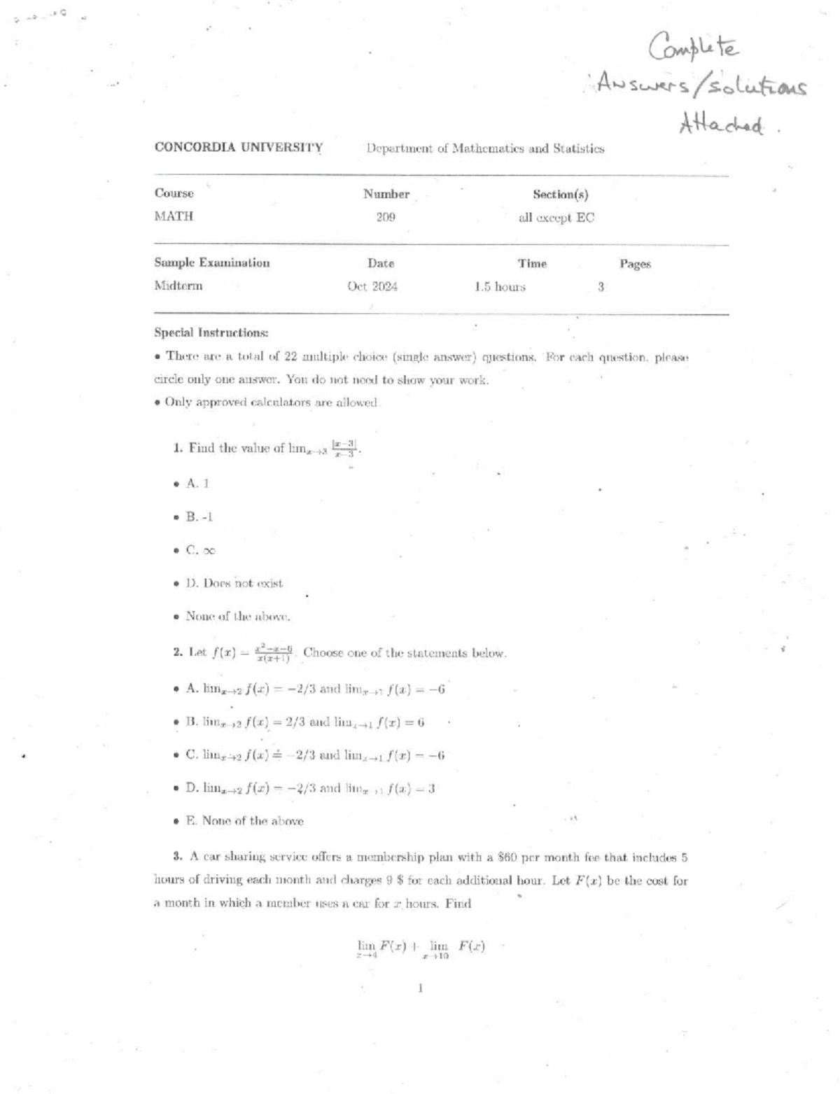 MATH 209 Midterm Sample Exam - October 2024 - Studocu