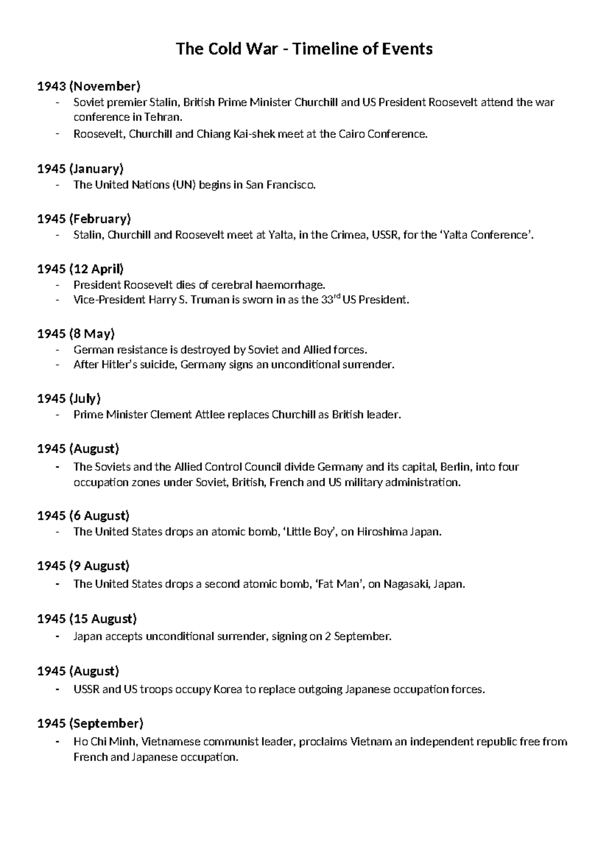 Cold War Timeline Events: Key Milestones and Highlights - Studocu