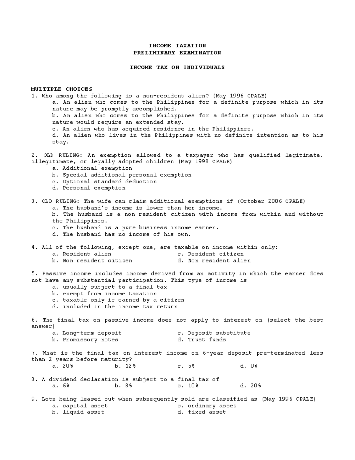 Prelim Exam Questionnaire: Income Tax Fundamentals & MCQs - Studocu