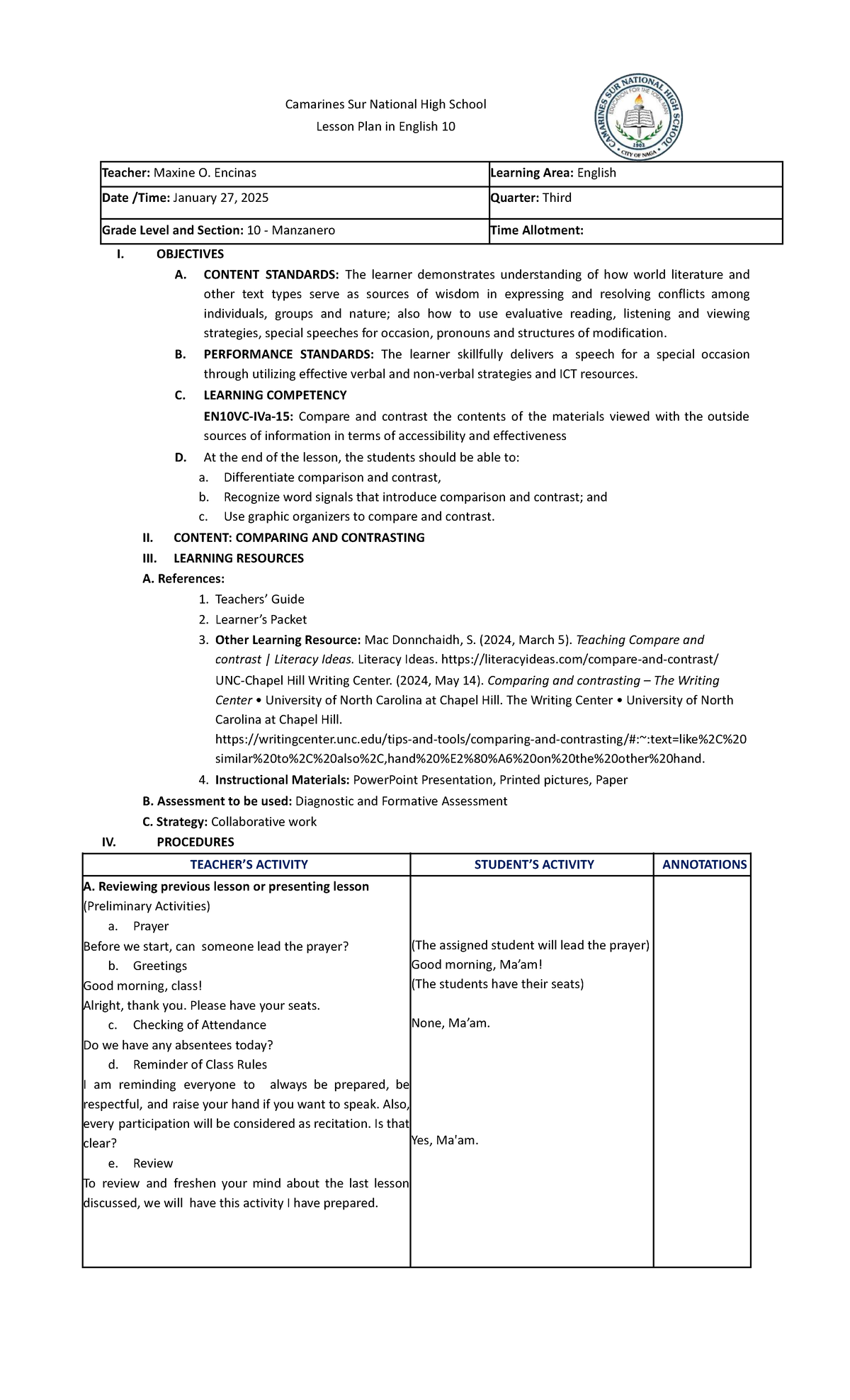 EN10 Lesson Plan: Comparing and Contrasting in English 10 - Studocu