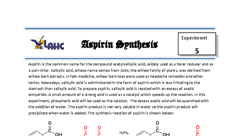 Aspirin Synthesis Lab Report - Experiment 5 - Studocu