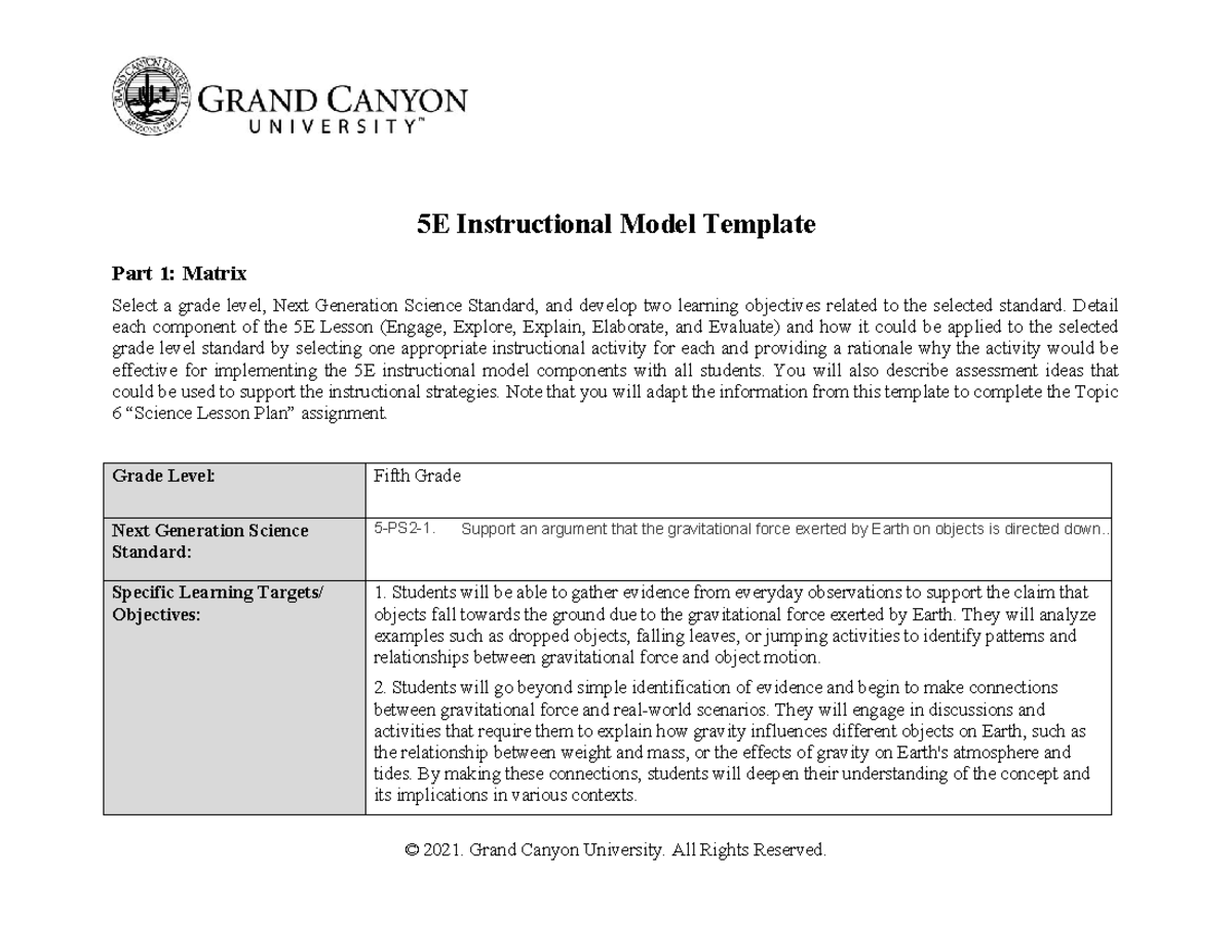 ELM-361-RS-5E-Week 5 Instructional Model for Gravitational Force - Studocu