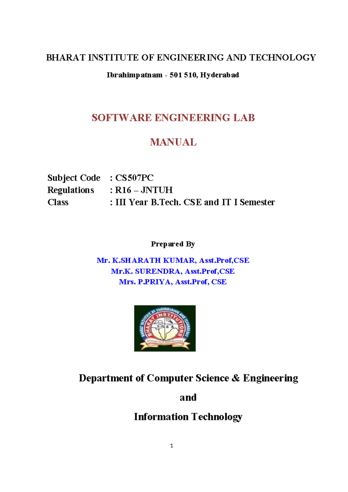 SE Lab Manual (CS507PC) - Software Engineering Experiments - Studocu