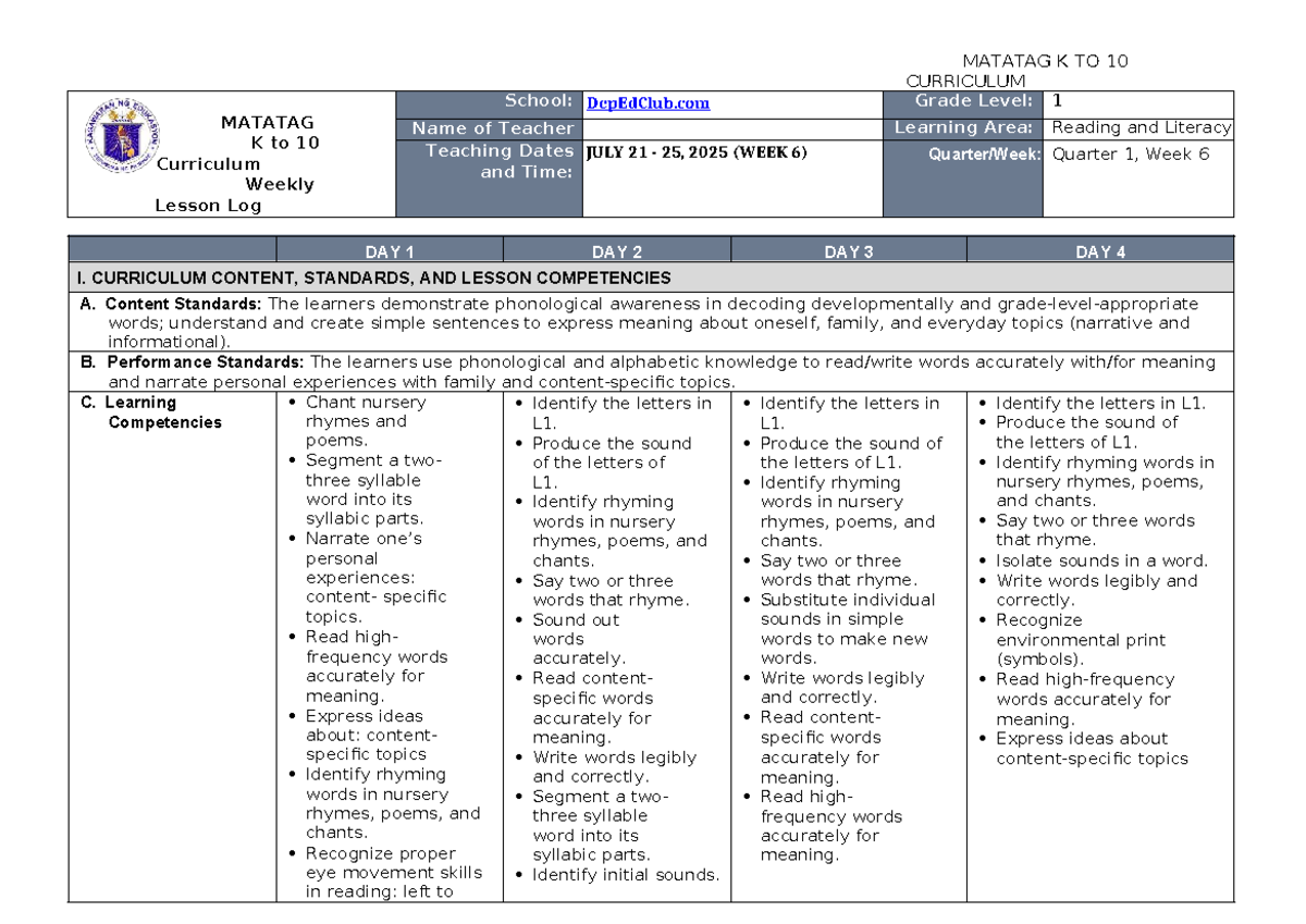 DLL Matatag K to 10 Curriculum: Reading & Literacy Grade 1 Week 6 - Studocu