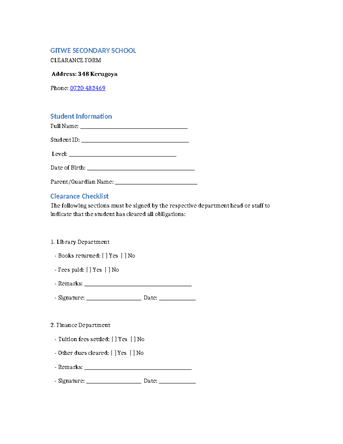 GITWE SEC SCH Clearance Form for Student ID Clearance 3 - Studocu