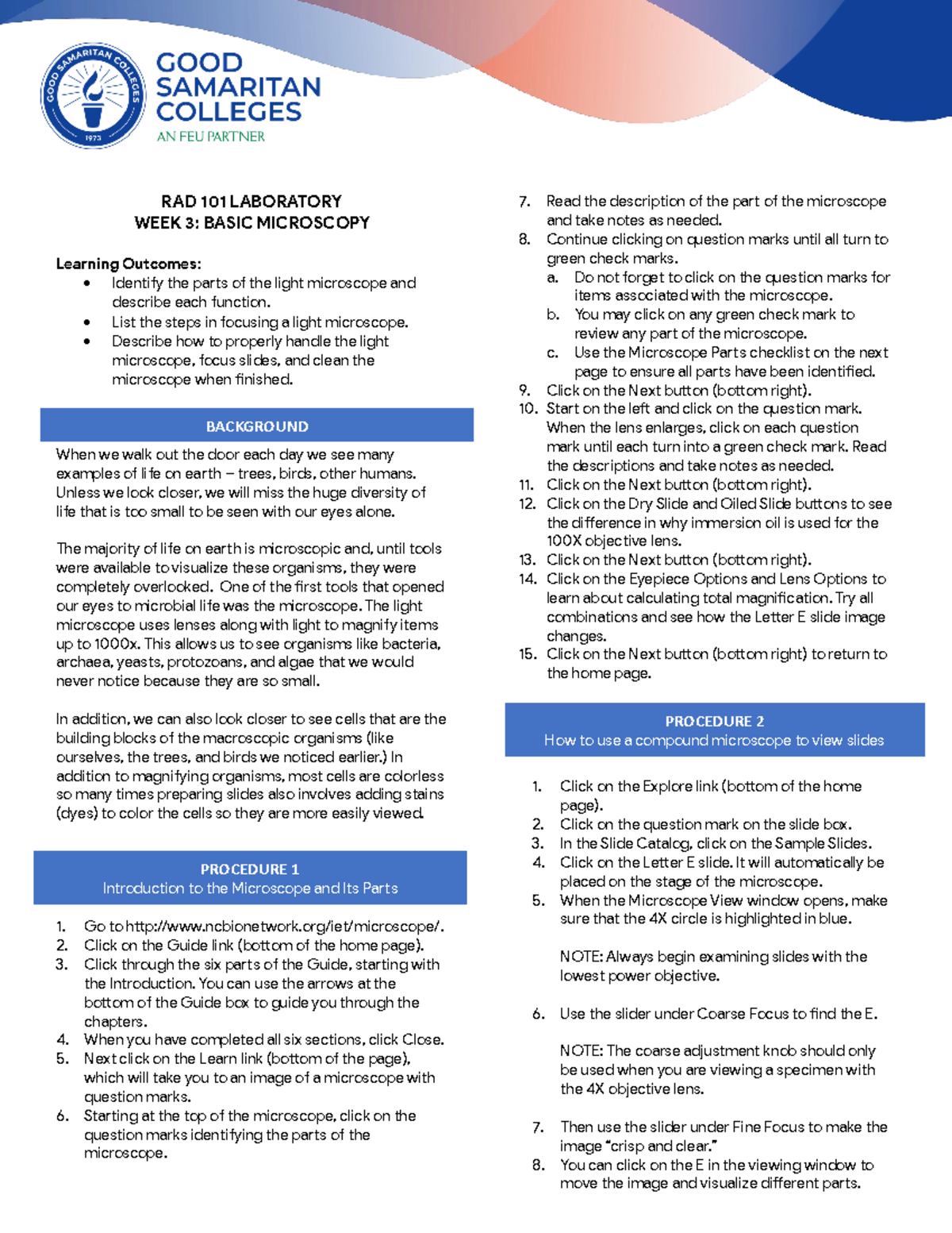 WEEK 3: LABORATORY NOTES for RAD 101 - BASIC MICROSCOPY - Studocu