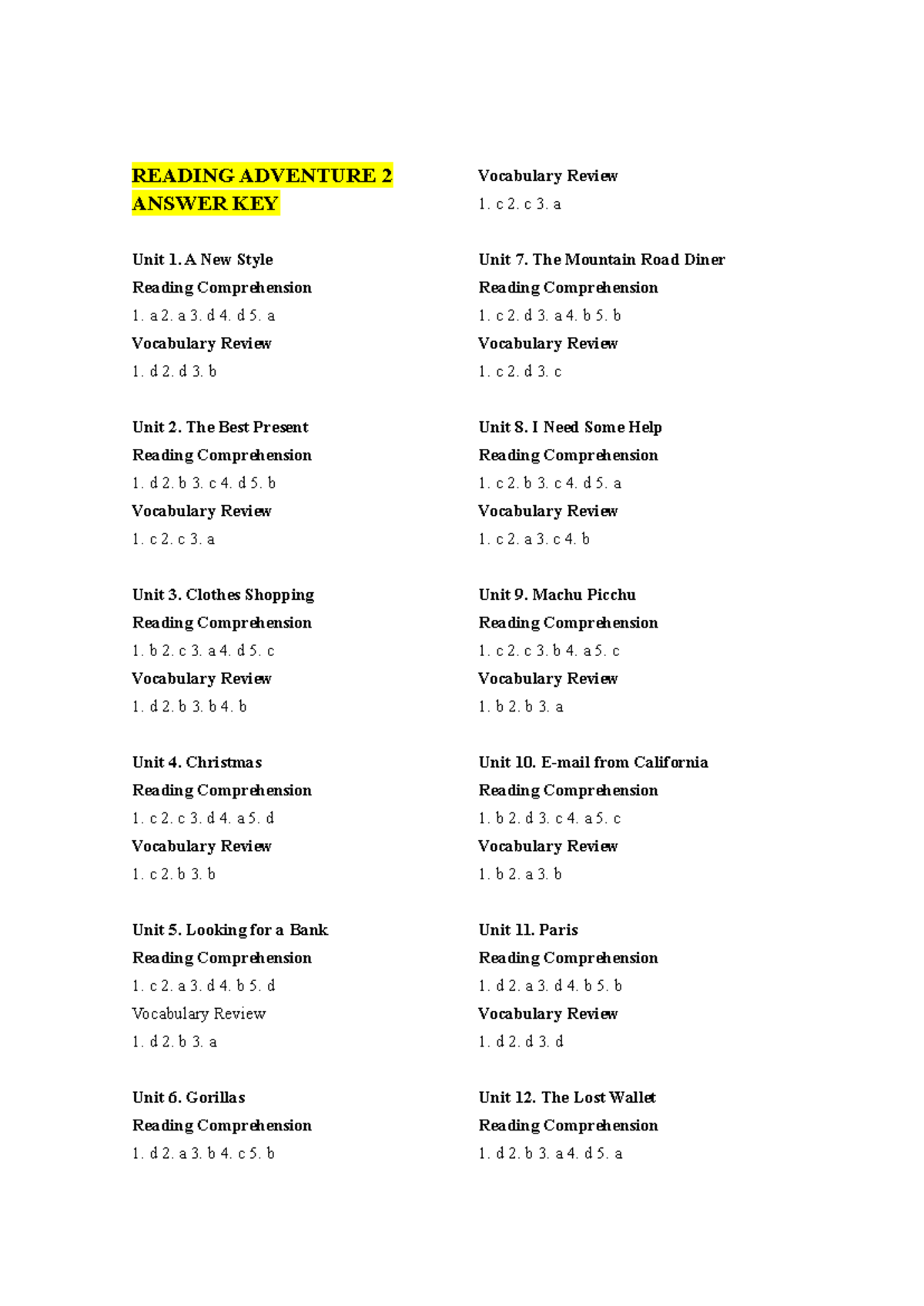 Reading Adventure 2 Answer Key: Vocabulary & Comprehension Review - Studocu