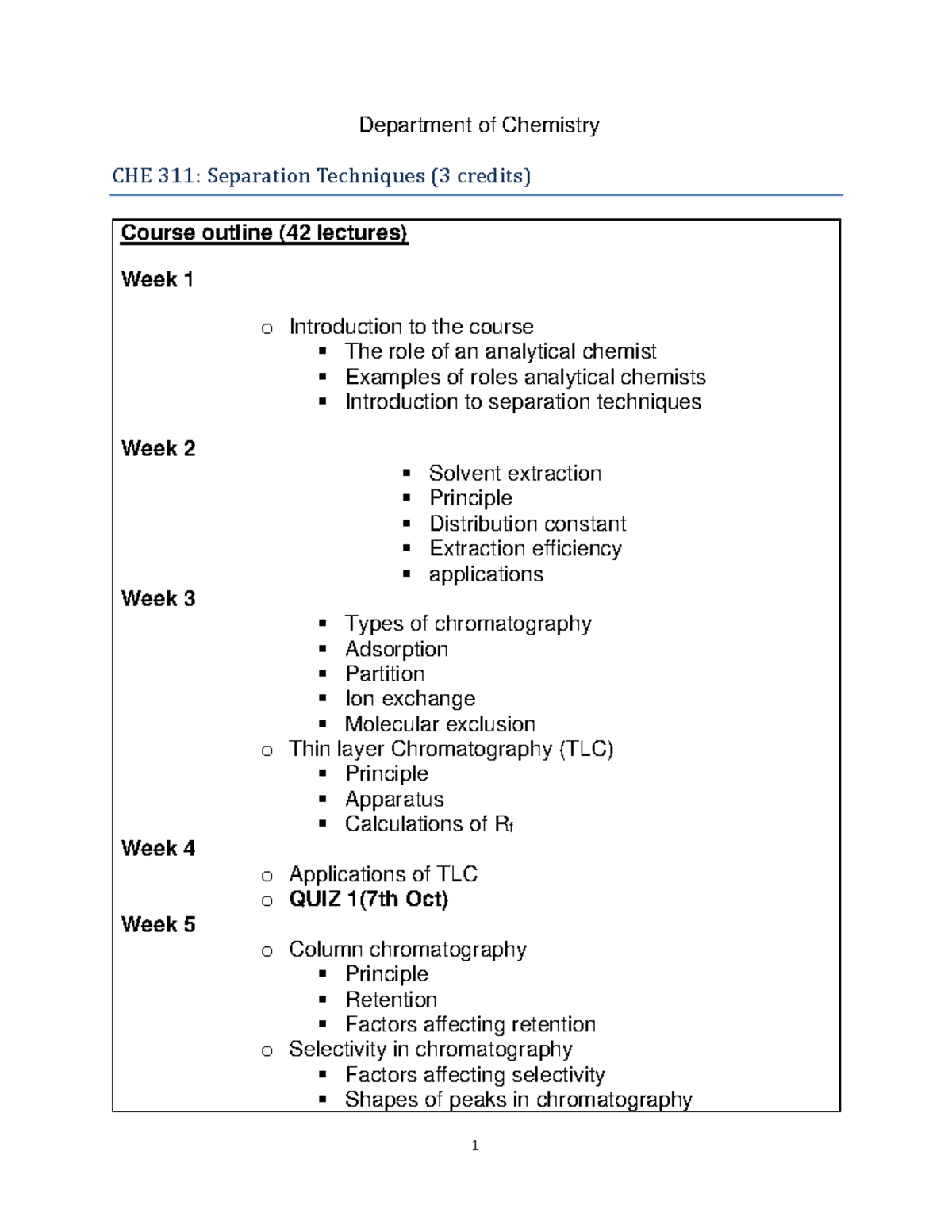 CHE 311 Course Outline: Separation Techniques Overview - Studocu