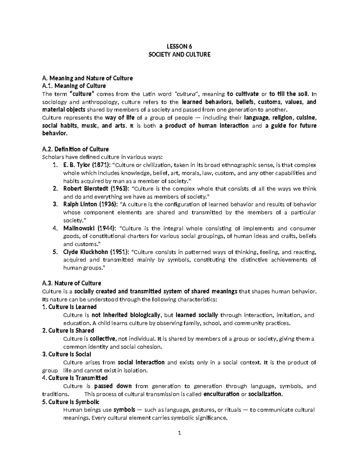 Lesson 6: Understanding Society and Culture Concepts - Studocu