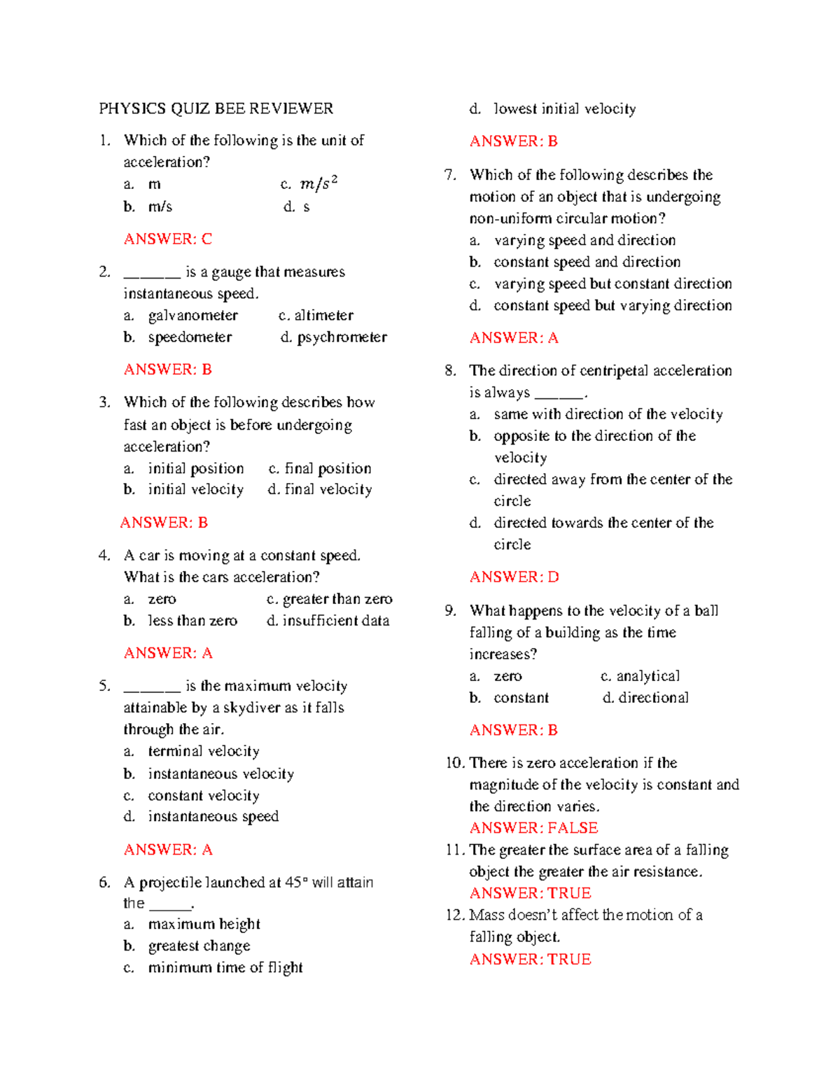 PHYSICS 101 QUIZ BEE REVIEWER: Acceleration & Motion Concepts - Studocu