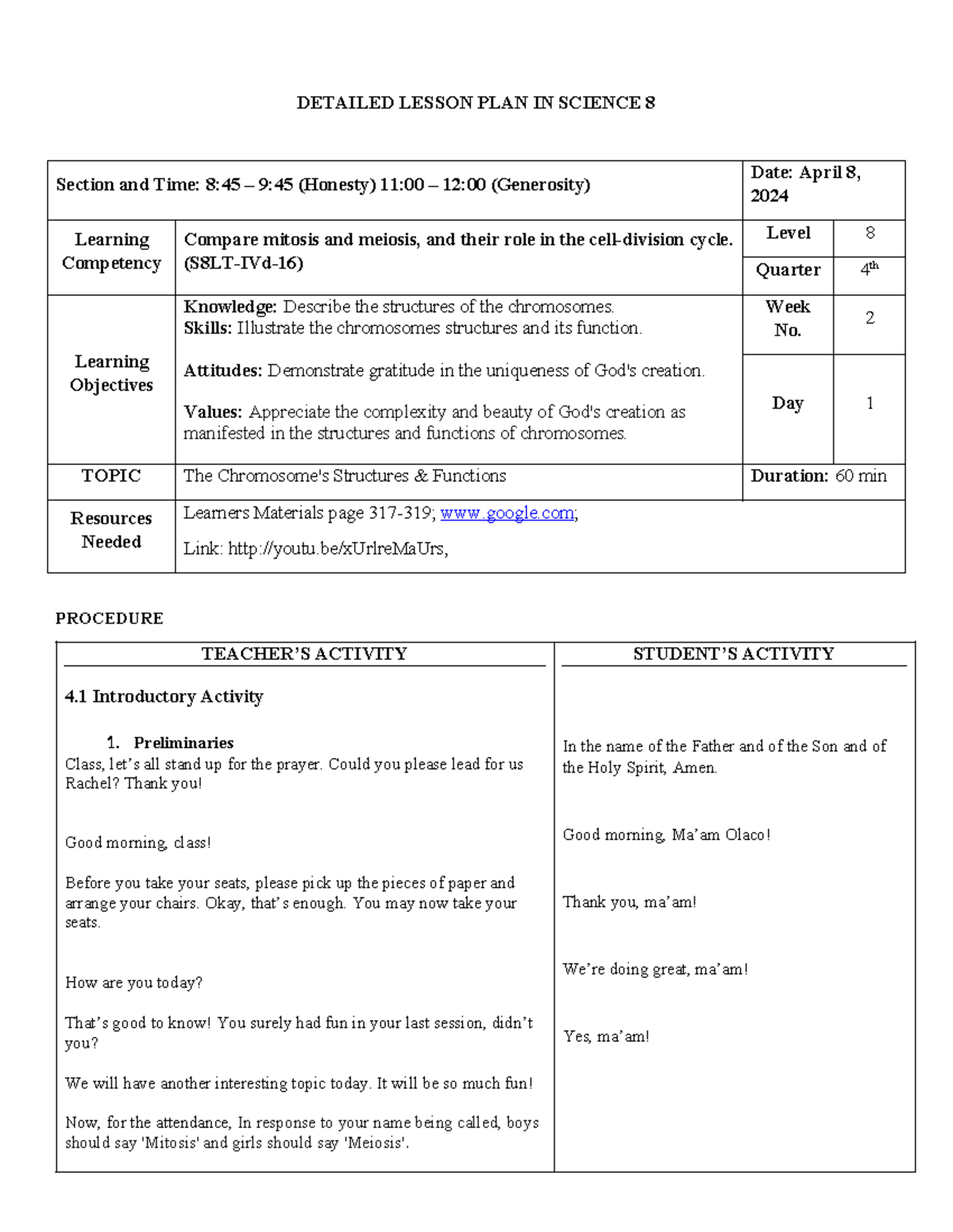 Detailed Lesson Plan for Science 8: Chromosome Structures & Functions ...