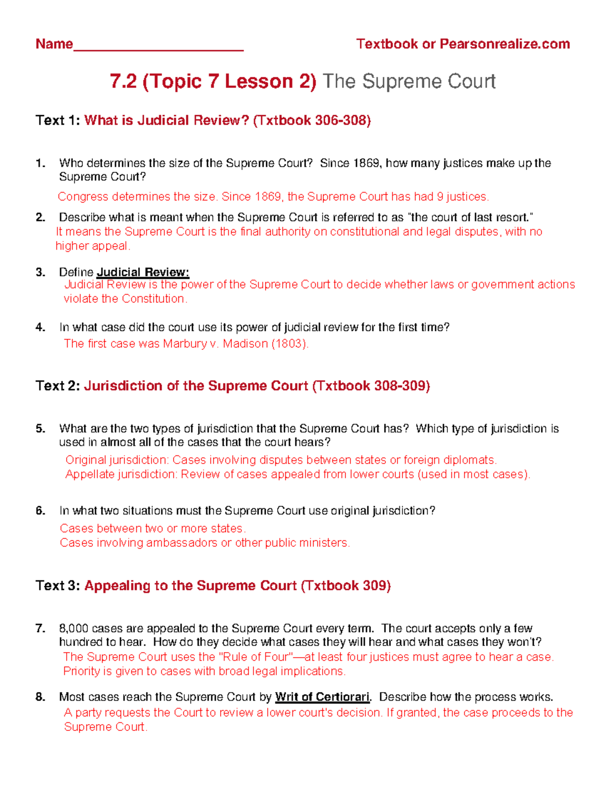 Judicial Branch Practice Questions (Gov 101 Lesson 2) - Studocu