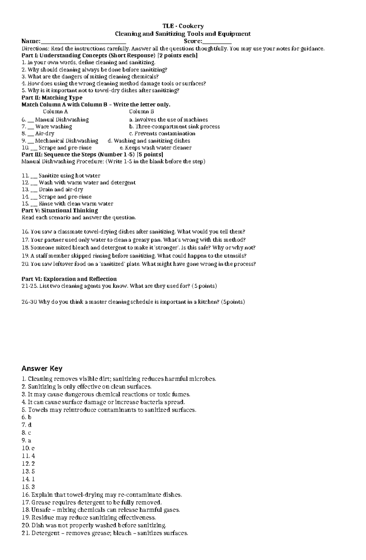 TLE Cookery: Cleaning & Sanitizing Tools - Exam Review - Studocu