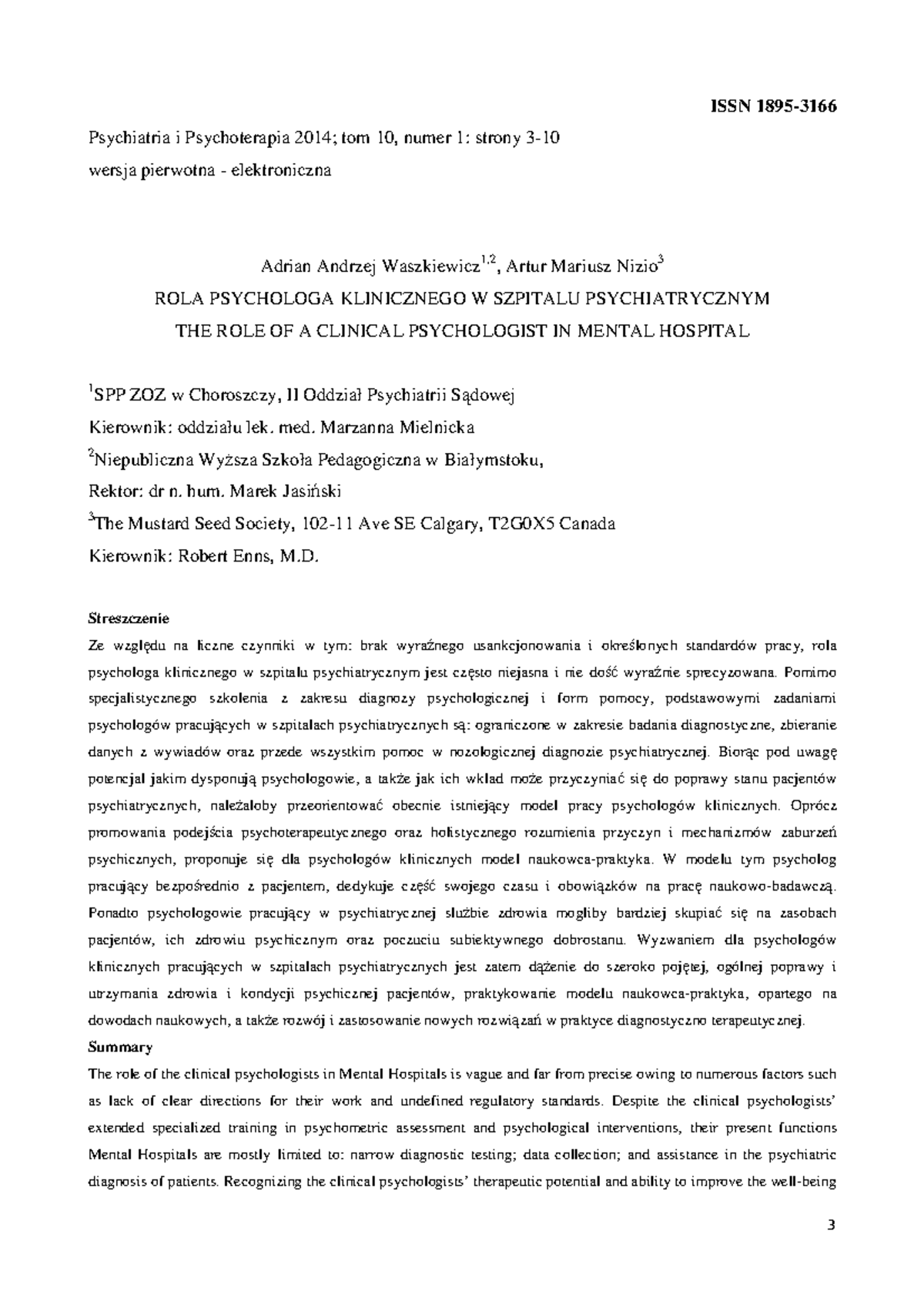 Rola psychologa klinicznego w szpitalu psychiatrycznym - Adrian ...
