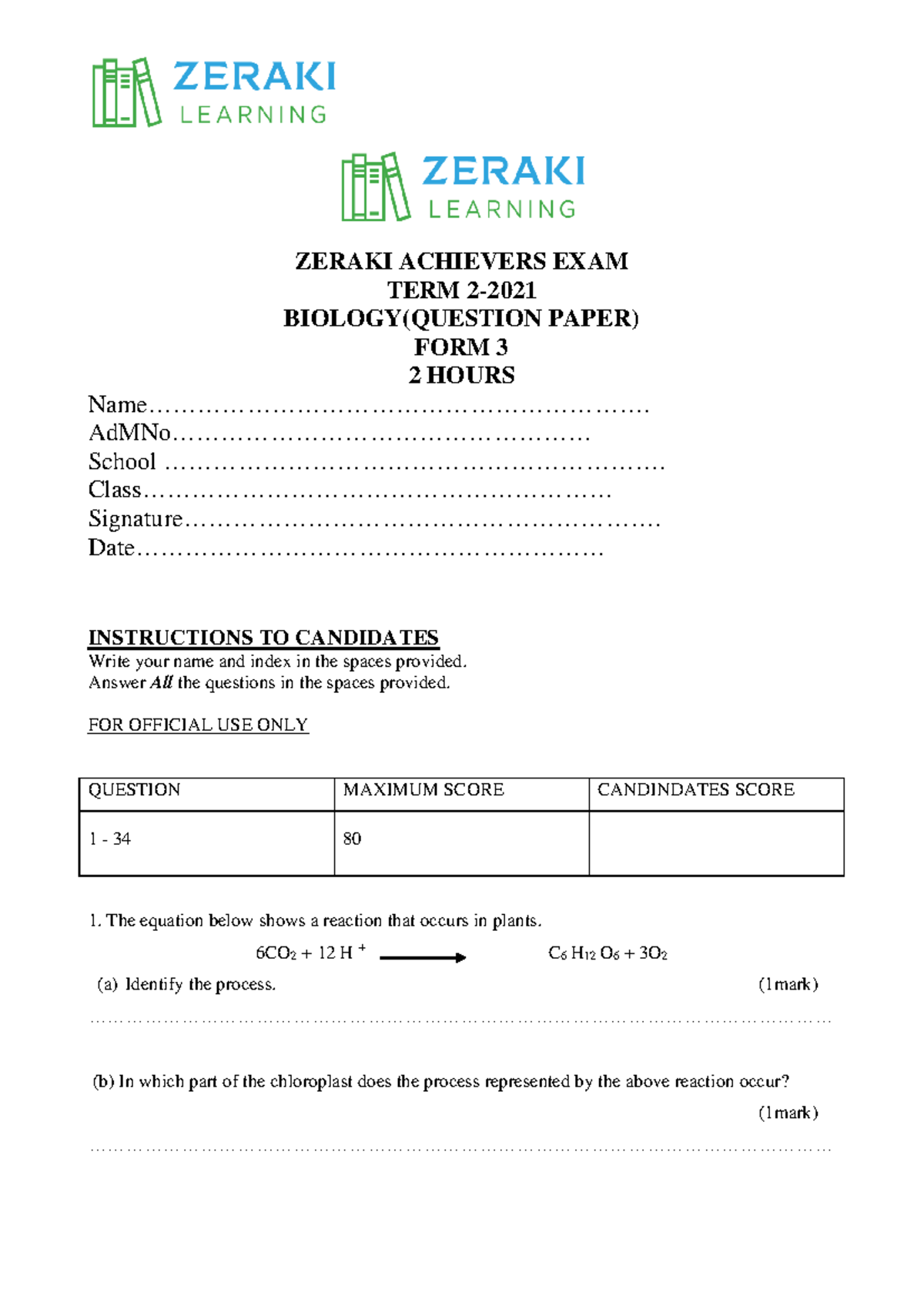 Biology Form 3 - Zeraki Achievers Exam Question Paper - Studocu