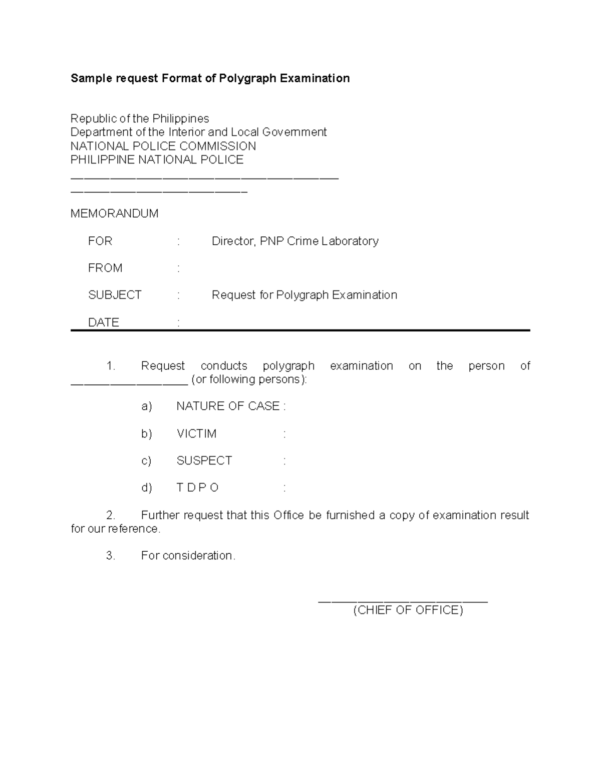 Sample request Format of Polygraph Examination - Request conducts ...