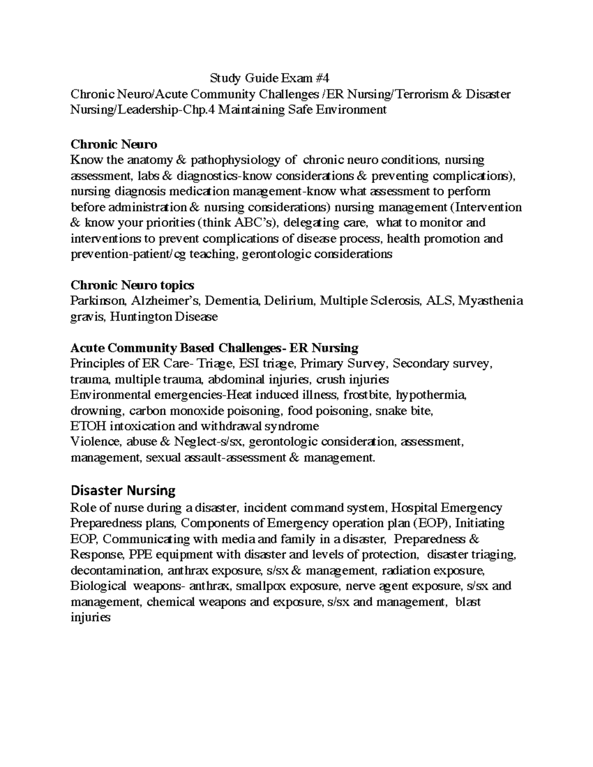 Study Guide Exam #4 - Chronic Neuro & ER Nursing Challenges Sp22 - Studocu