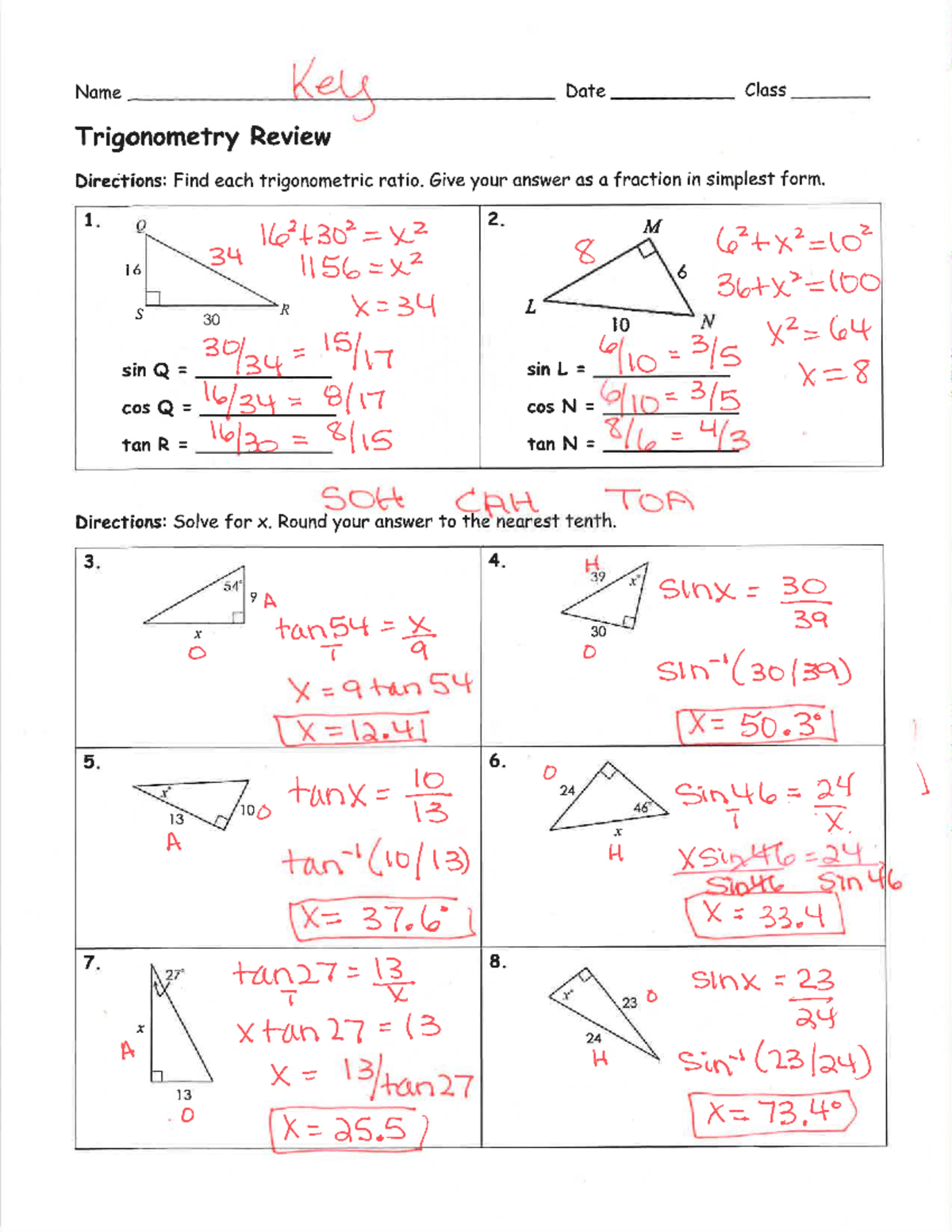 Trig Review Key Trig Notes With Work And Answers Studocu