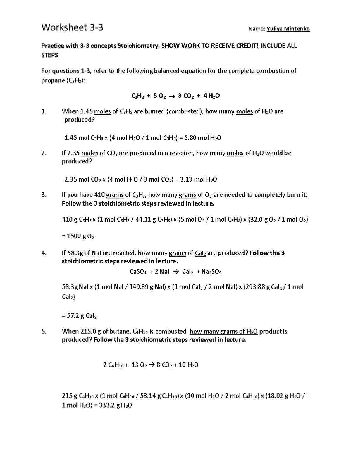 Worksheet 3-3: Stoichiometry Practice Problems with Solutions - Studocu