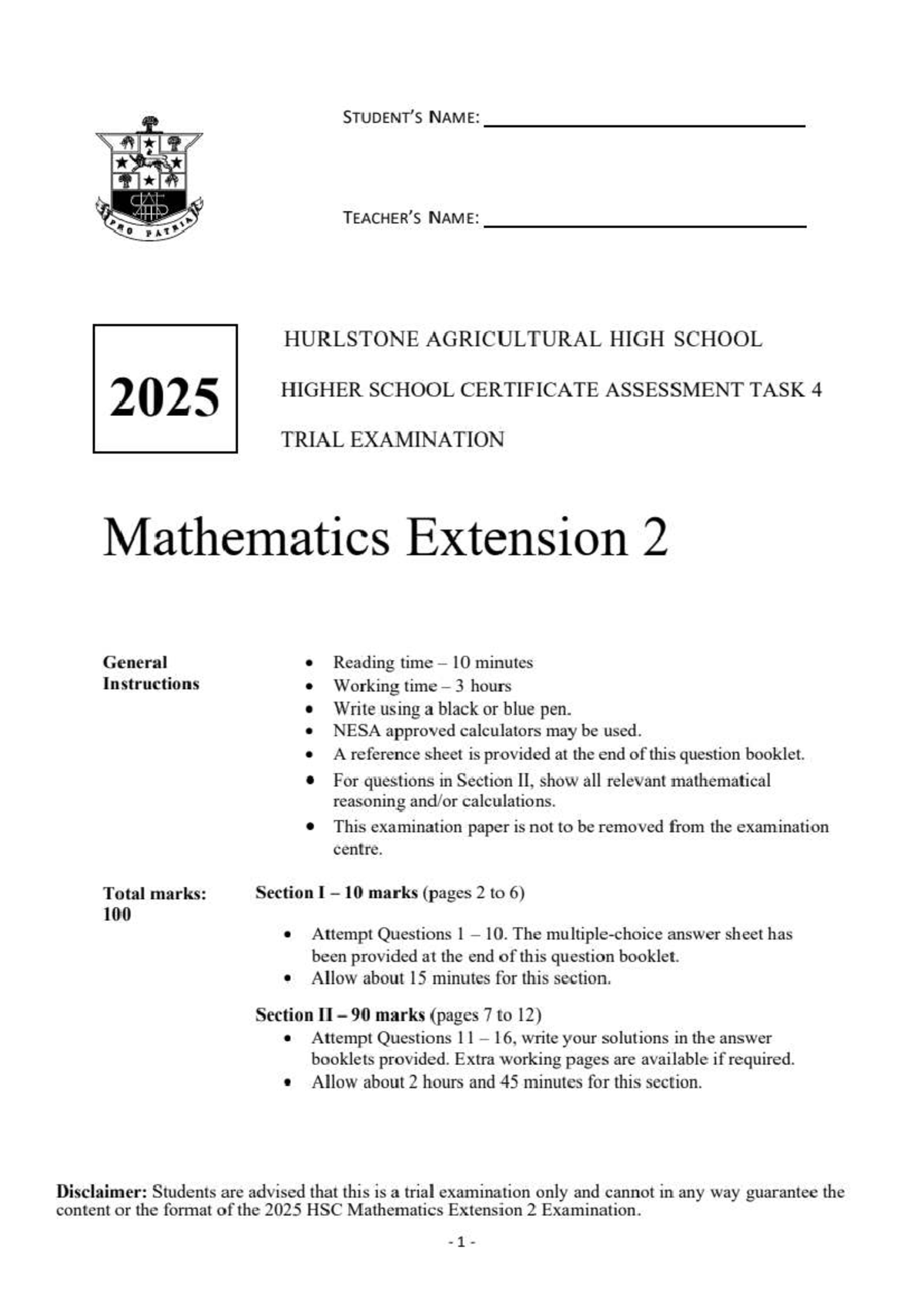 2025 HSC Mathematics Extension 2 Trial Exam - Hurlstone Agricultural ...