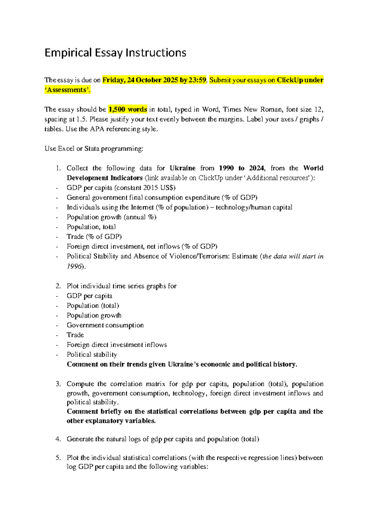 Empirical Essay Guidelines for Data Analysis (Course Code: EE101) - Studocu