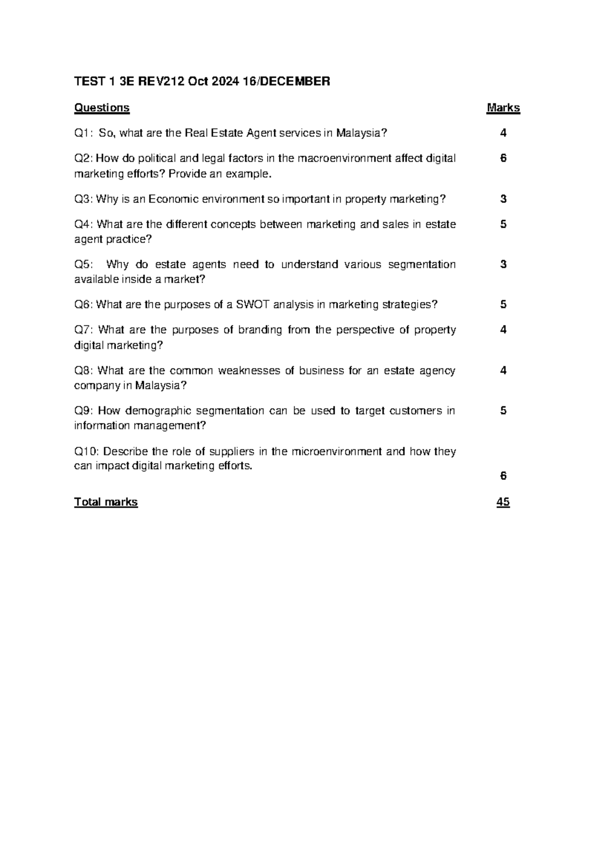 TEST 1 REV212 3E OCT 2024 - Real Estate Marketing Questions - Studocu