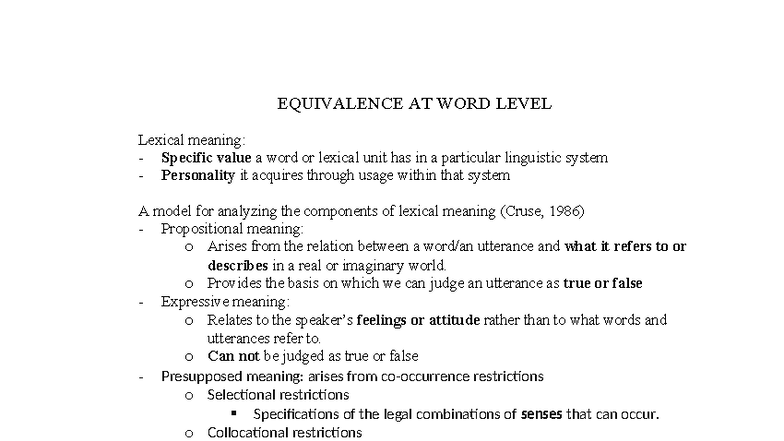 EQUIVALENCE AT WORD LEVEL: Analyzing Lexical Meaning and Collocation - Studocu
