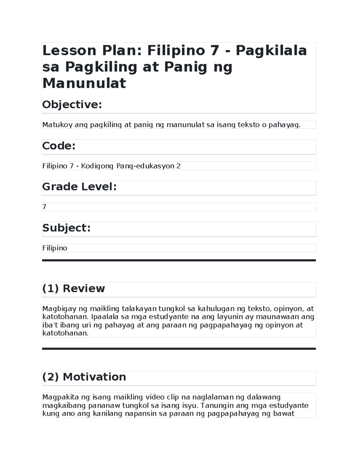 Lesson Plan: Filipino 7 Pagkilala sa Pagkiling at Panig ng Manunulat ...