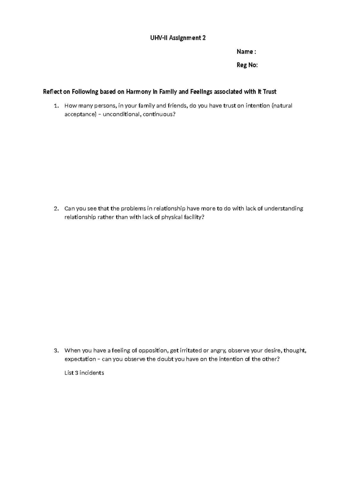 UHV ASGN 2 - Reflection on Trust and Relationships in Family - Studocu