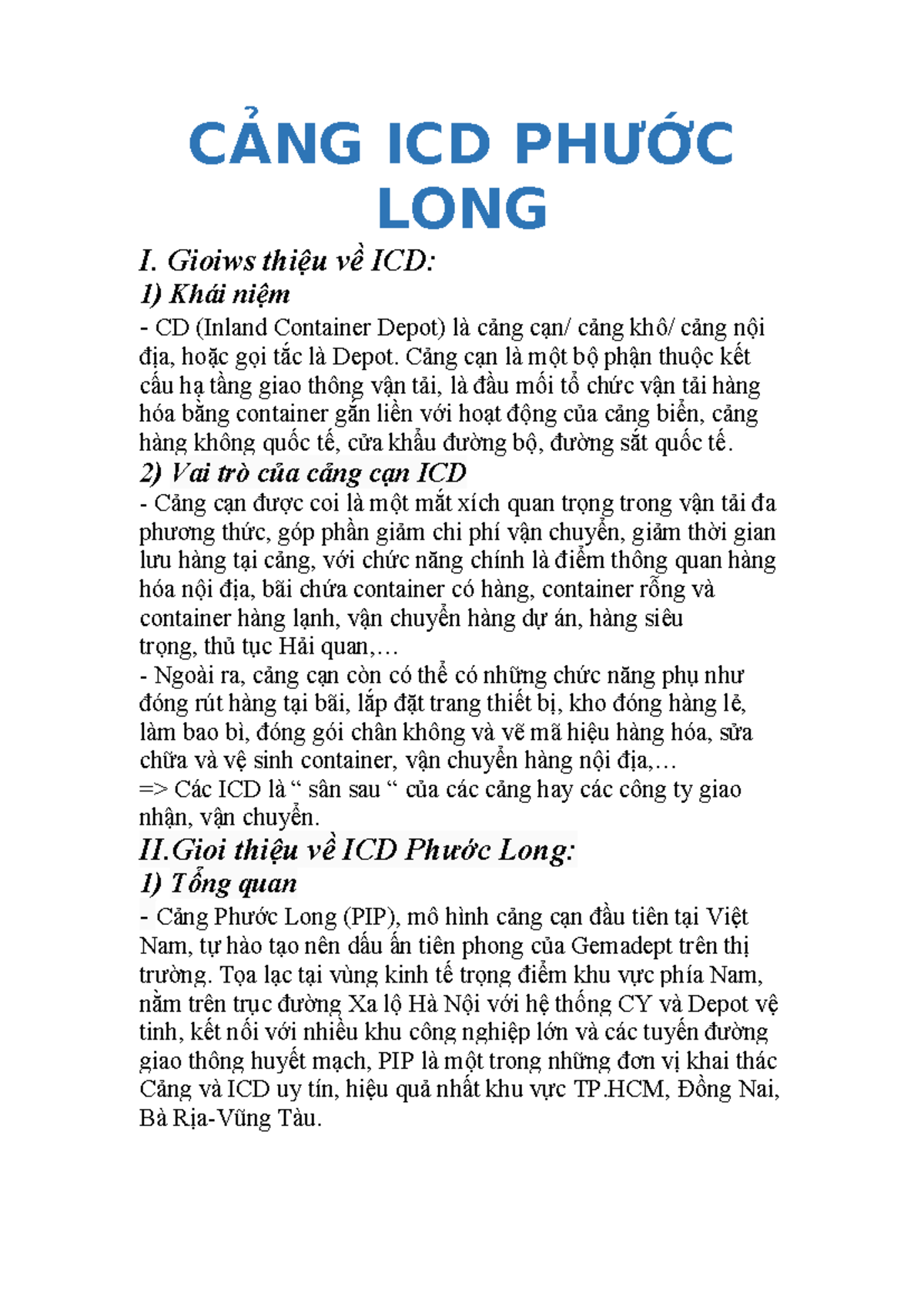 CẢNG ICD PHƯỚC LONG: Vai Trò, Lịch Sử và Tiềm Năng Phát Triển - Studocu