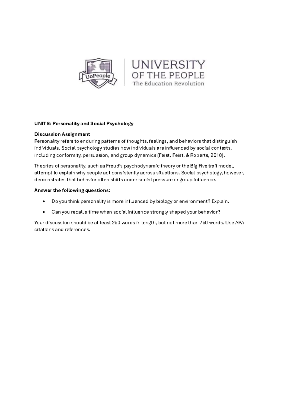 Psychology Unit 6: Personality & Social Psychology Discussion ...