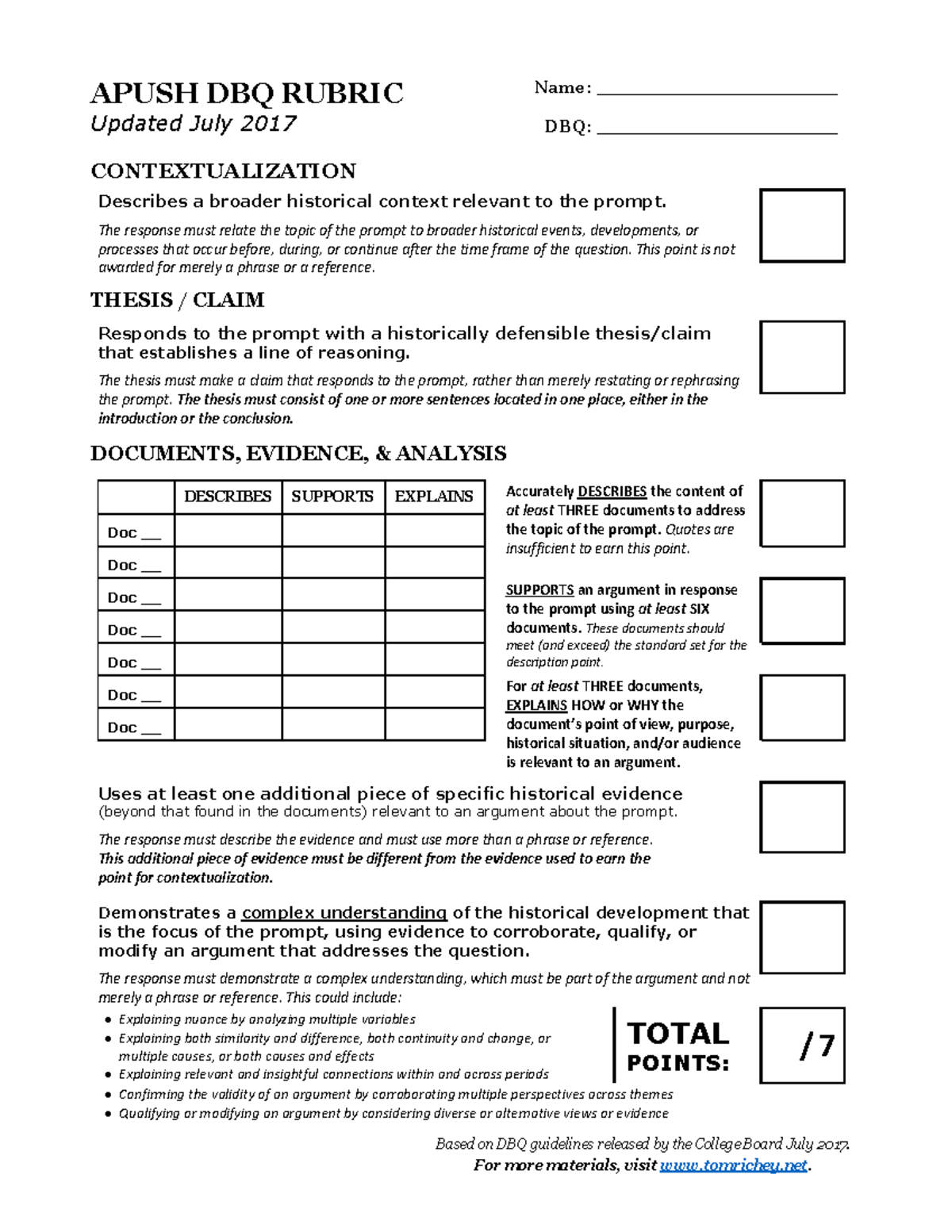 APUSH DBQ Rubric Guidelines (Updated July 2017) - Studocu