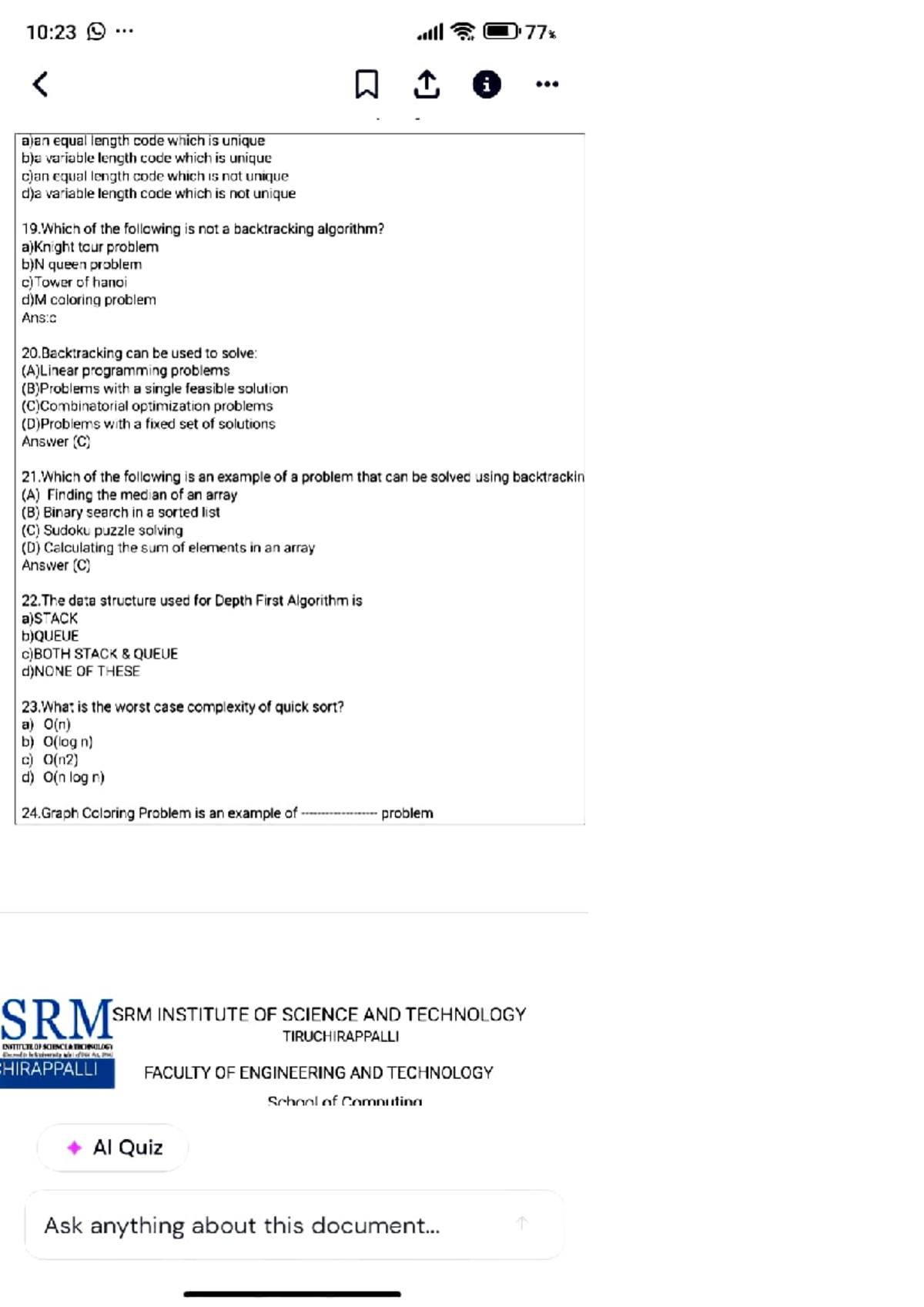 SRMIST CS Quiz: Backtracking, Graphs, and Algorithms Concepts - Studocu