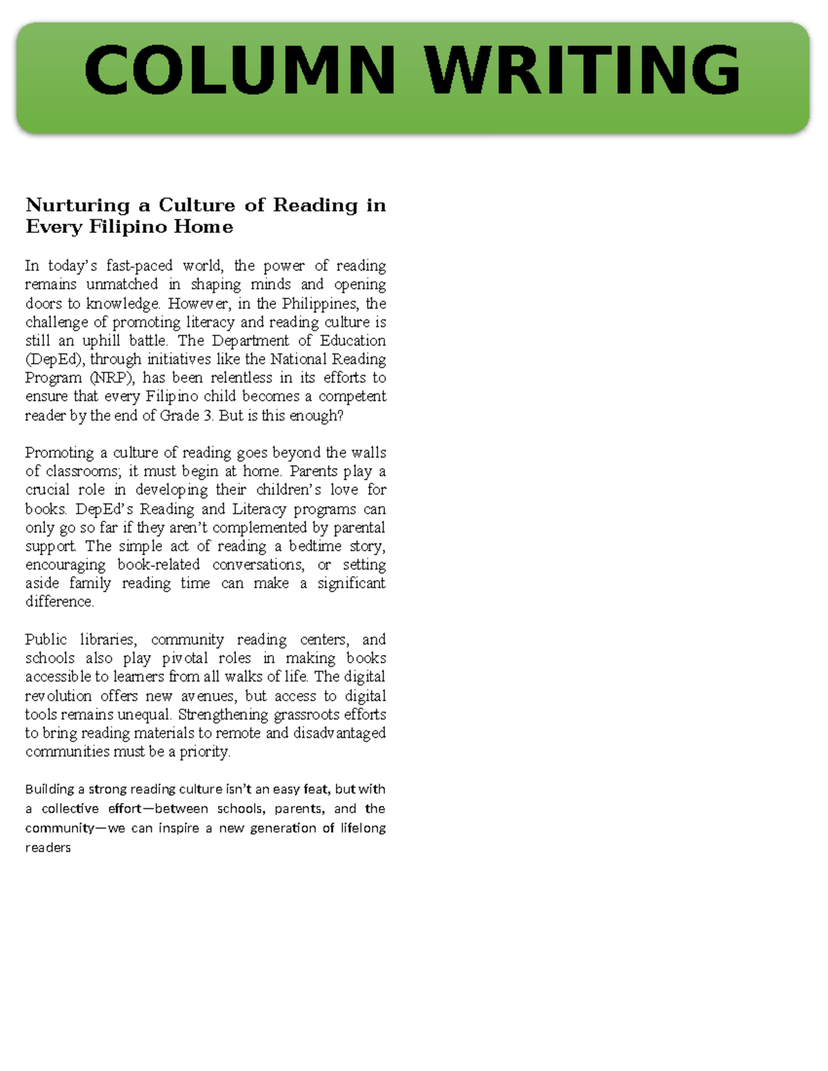 Column Writing - WRTITNG - Nurturing a Culture of Reading in Every ...