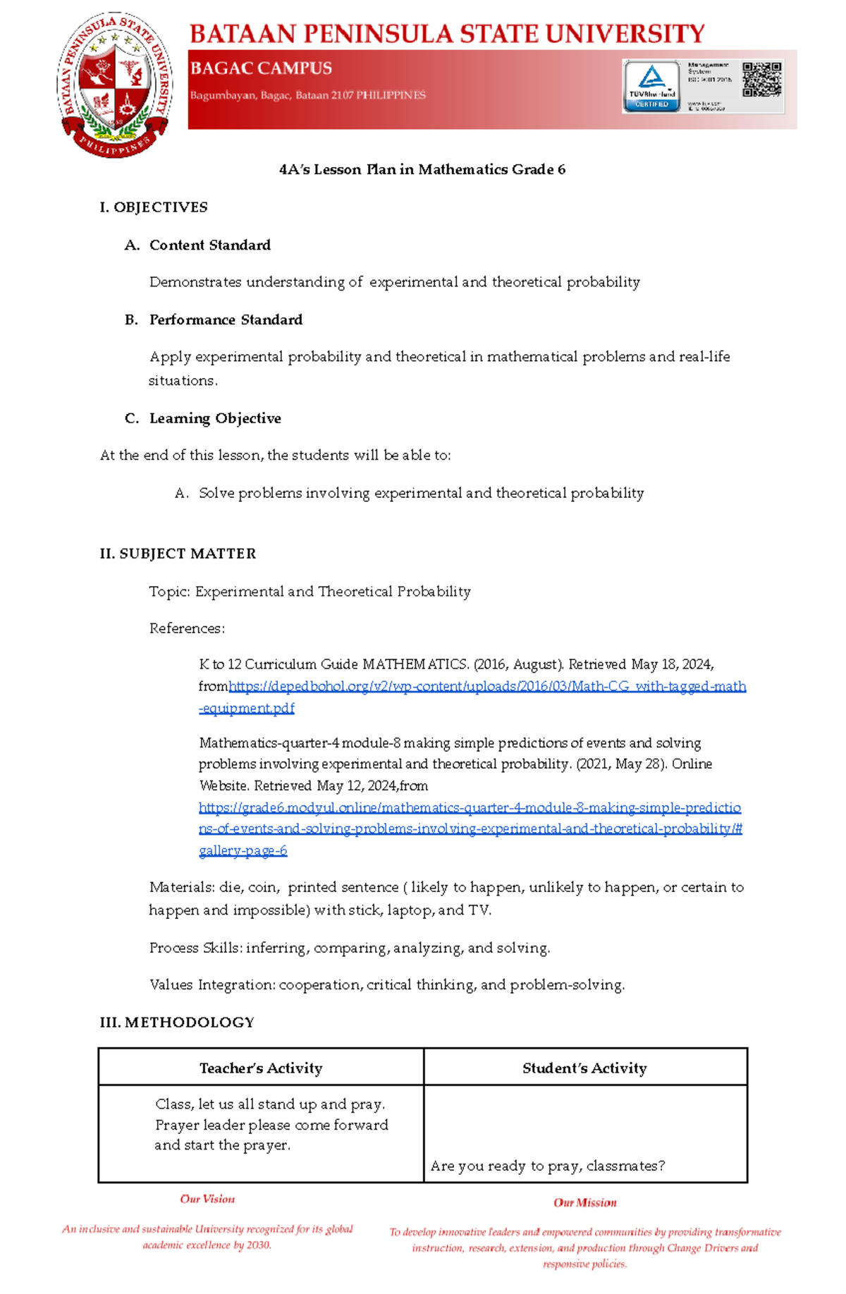 4A's Final Lesson Plan: Teaching Experimental & Theoretical Probability ...