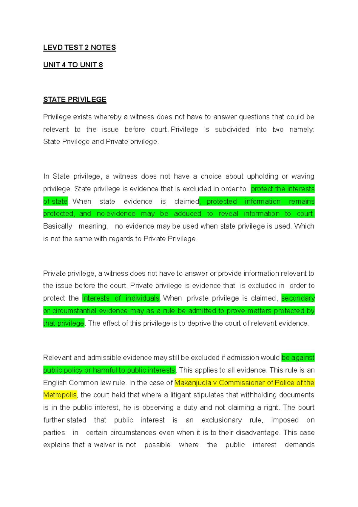 Notes - LEVD TEST 2 NOTES UNIT 4 TO UNIT 8 STATE PRIVILEGE Privilege ...