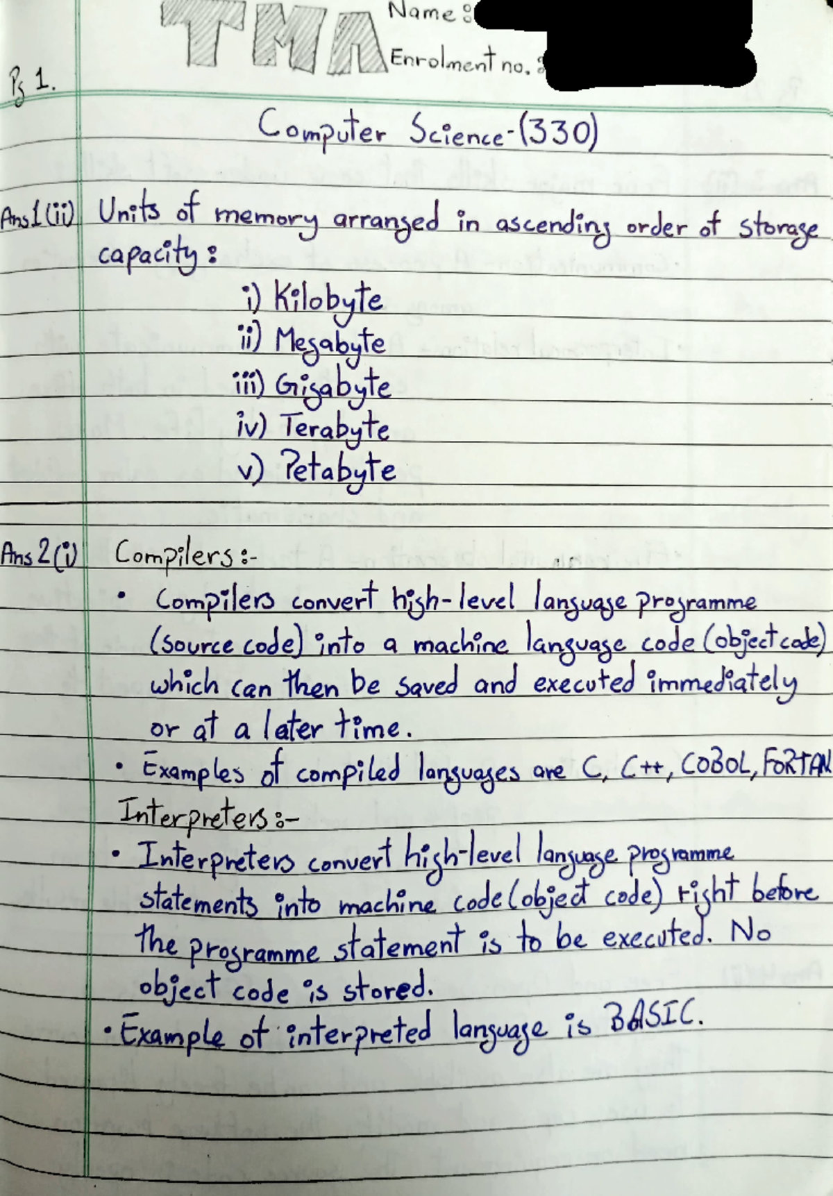 TMA Computer Science (330) - Ans 2() Unts ot memory arransed in ...