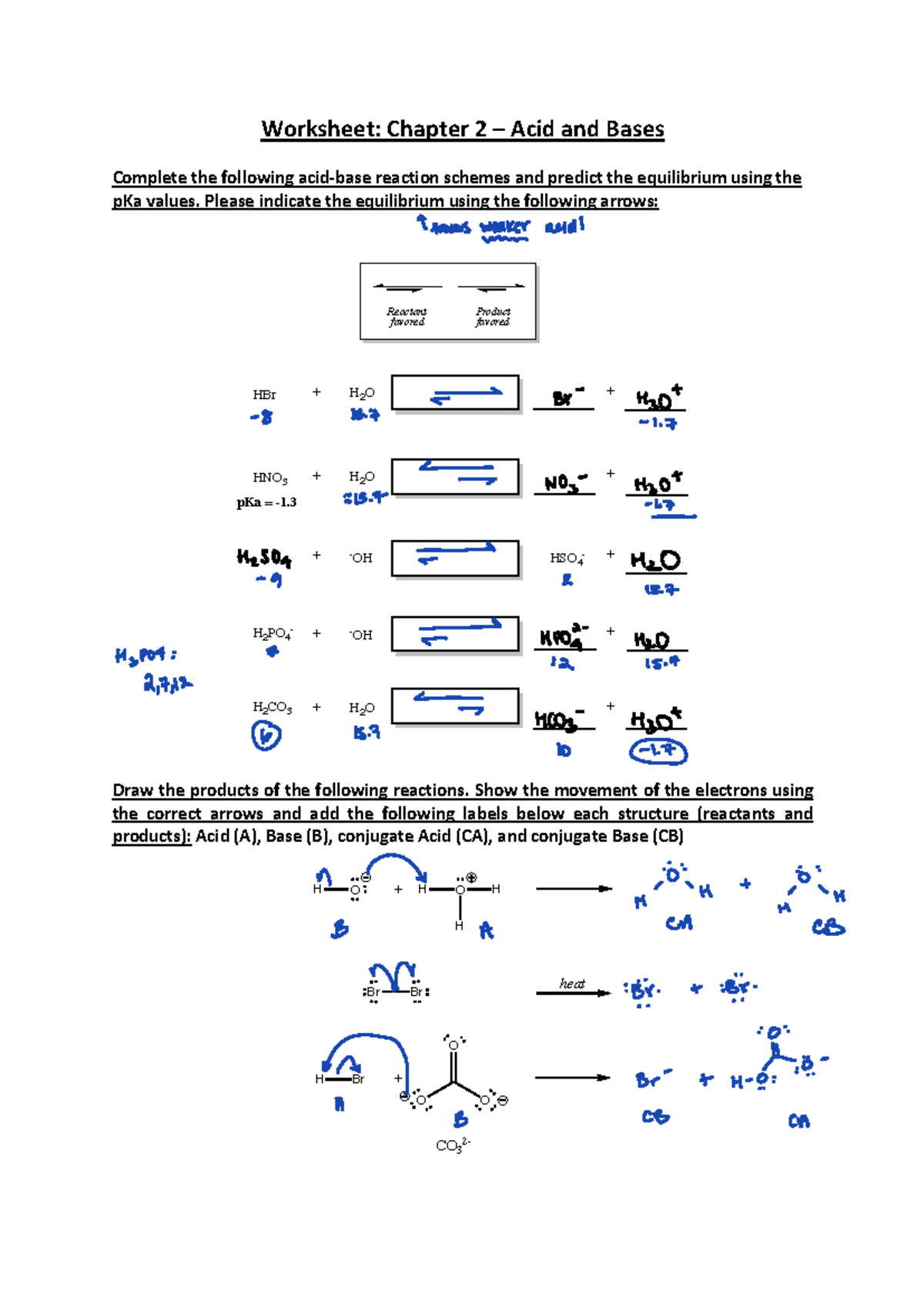 Chapter 2 Worksheet: Acid-Base Reactions and Equilibrium Predictions ...