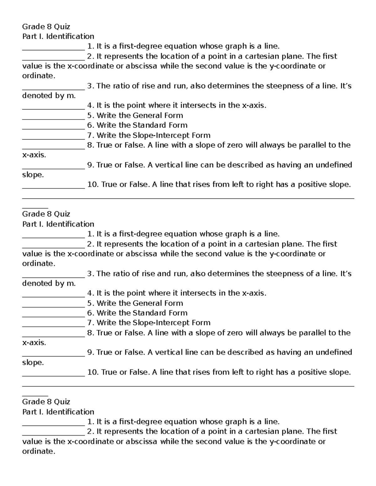 Grade 8 Math Quiz Part I: Linear Equations & Graphs - Studocu