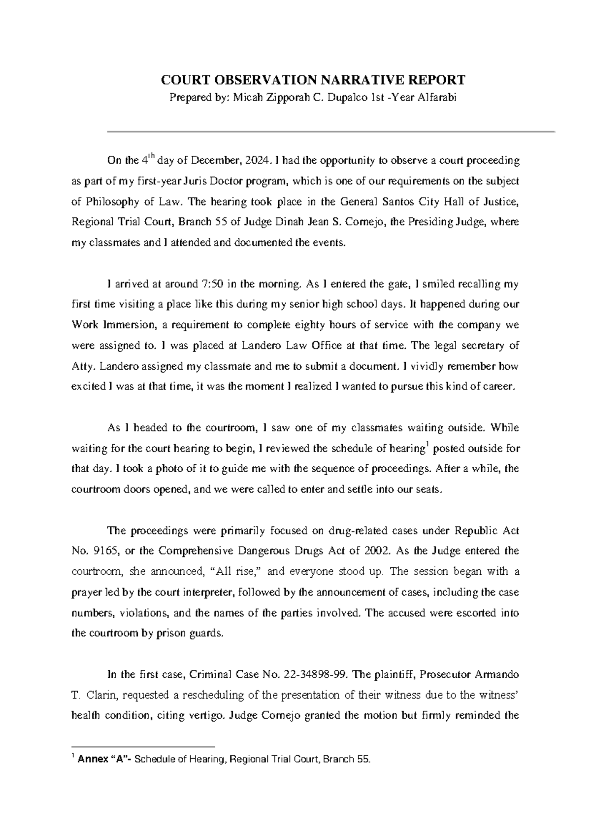 Juris Doctor 1st Year Court Observation Report by Micah Dupalco - Studocu