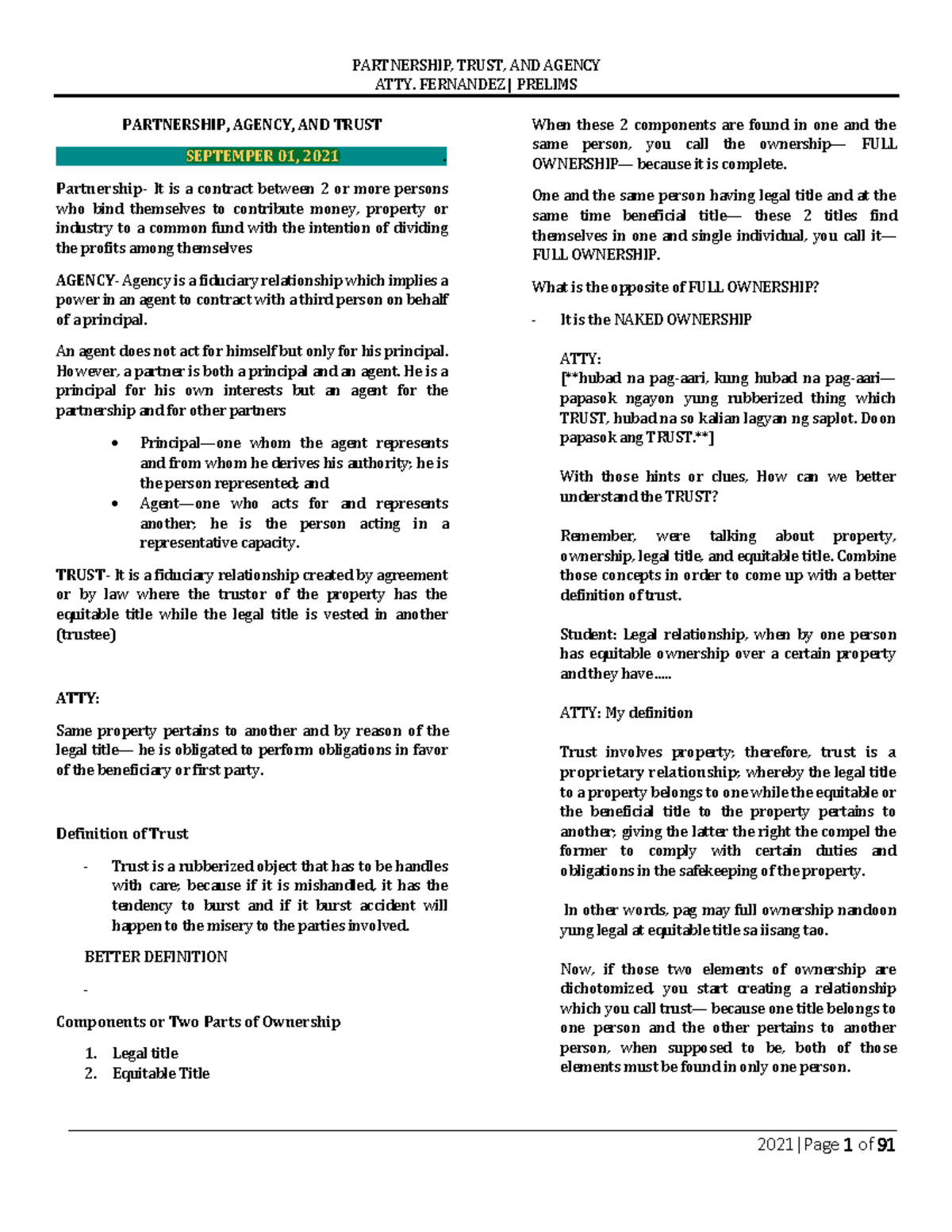 Partnership, Agency, and Trust | ATTY. FERNANDEZ | PRELIMS Notes - Studocu