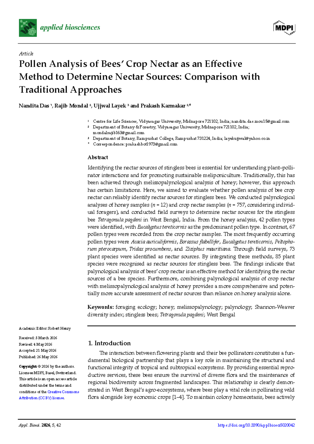 Pollen Analysis of Crop Nectar for Tetragonula pagdeni: A Comparative ...