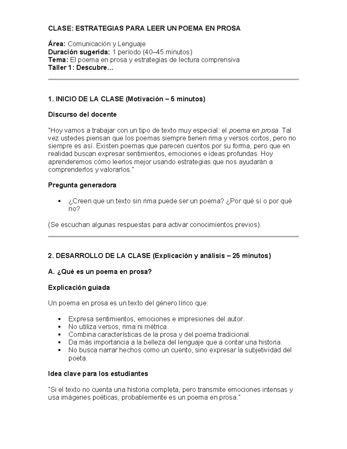 CLASE: ESTRATEGIAS PARA LEER UN POEMA EN PROSA - Comunicación y ...