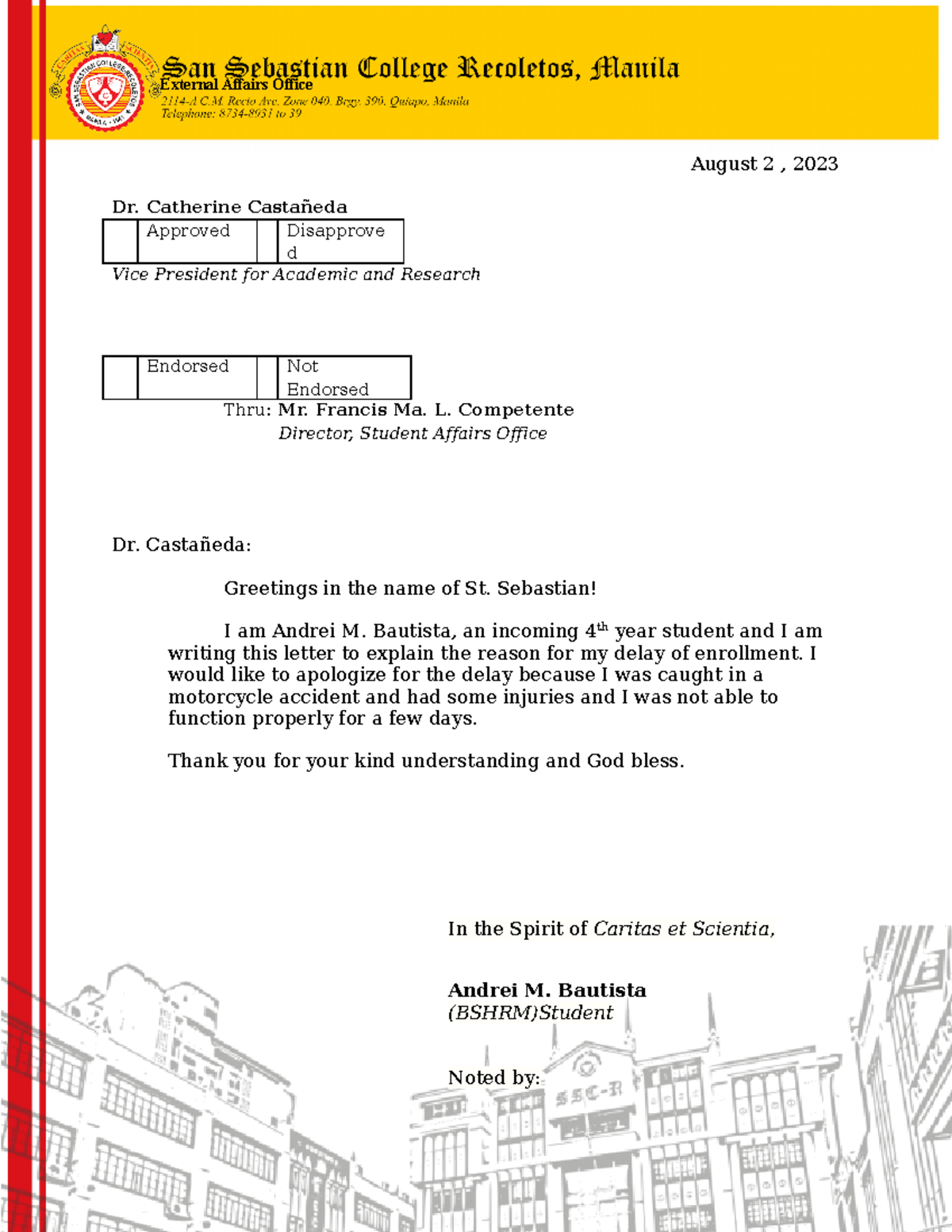 Template for Excuse Letter for Late Enrollment (BSHRM) - Studocu